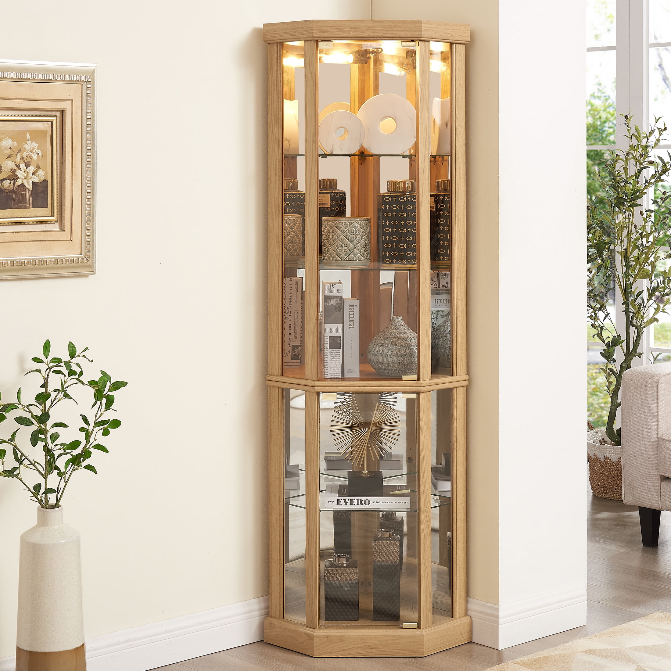 PORKISS Lighted 3-Side Glass Display Curio Cabinet with Tempered Glass ...