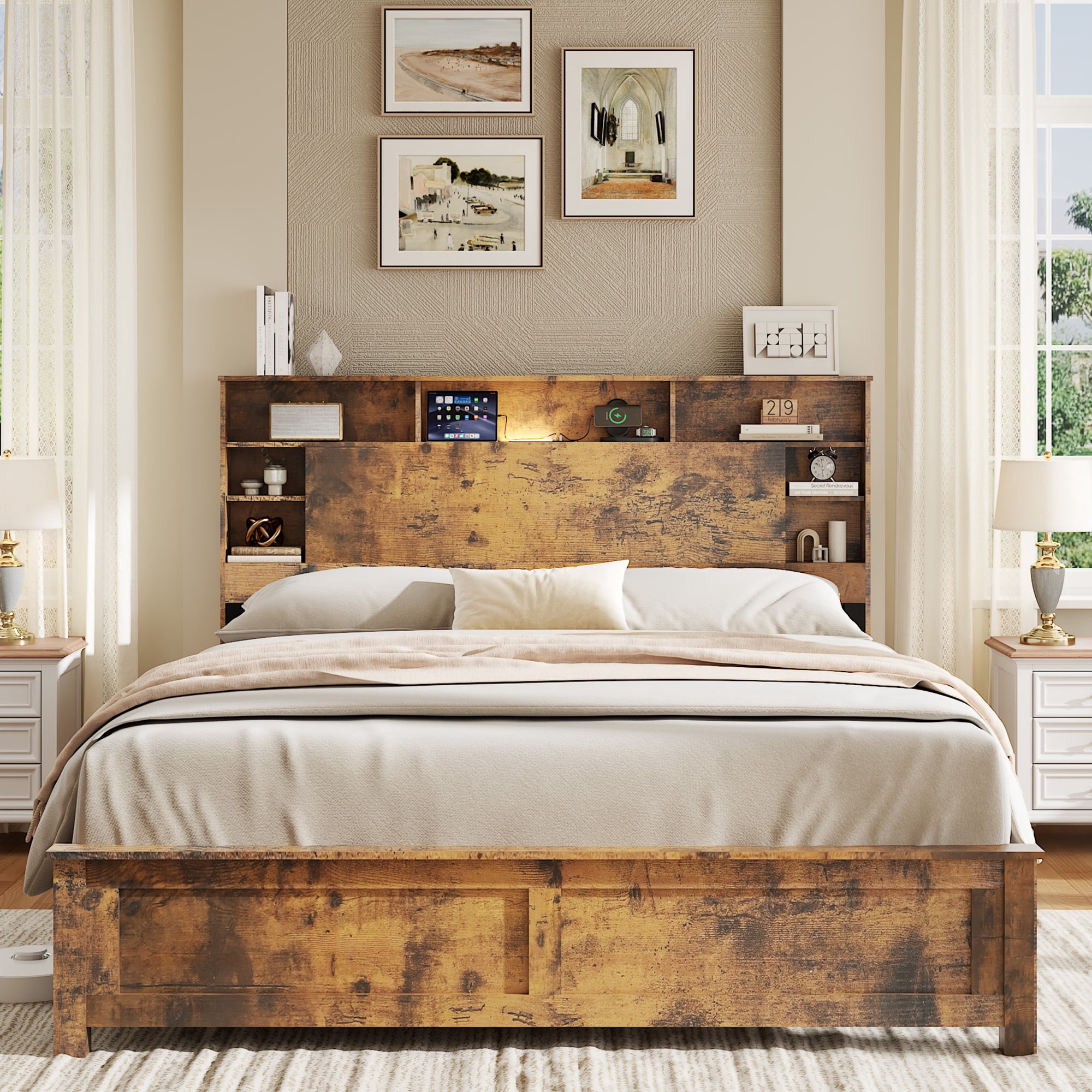 PORKISS Queen Size Bed Frame with Storage Headboard, Charging Station ...
