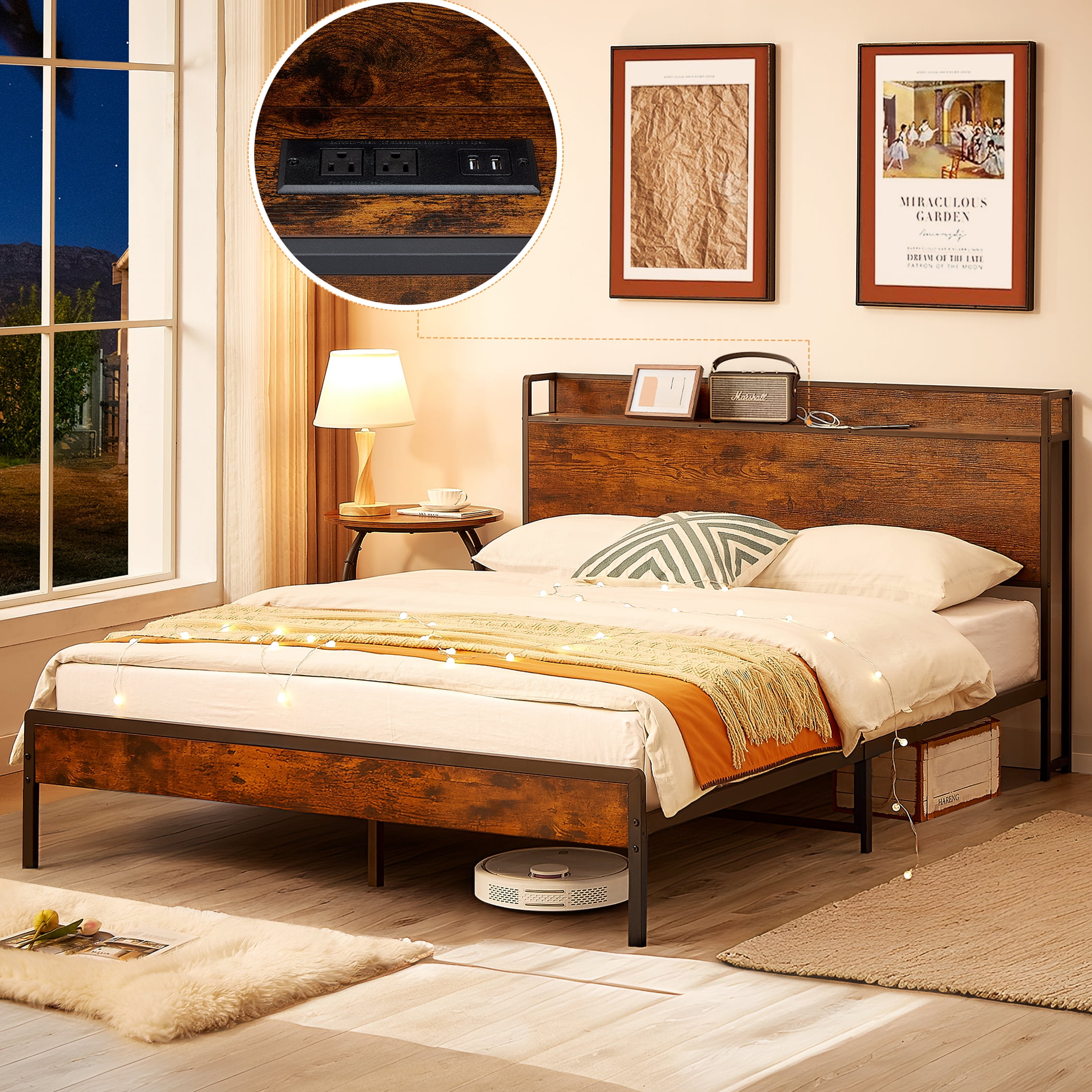 PORKISS Queen Size Bed Frame with Storage Headboard, Metal Bed Frame ...