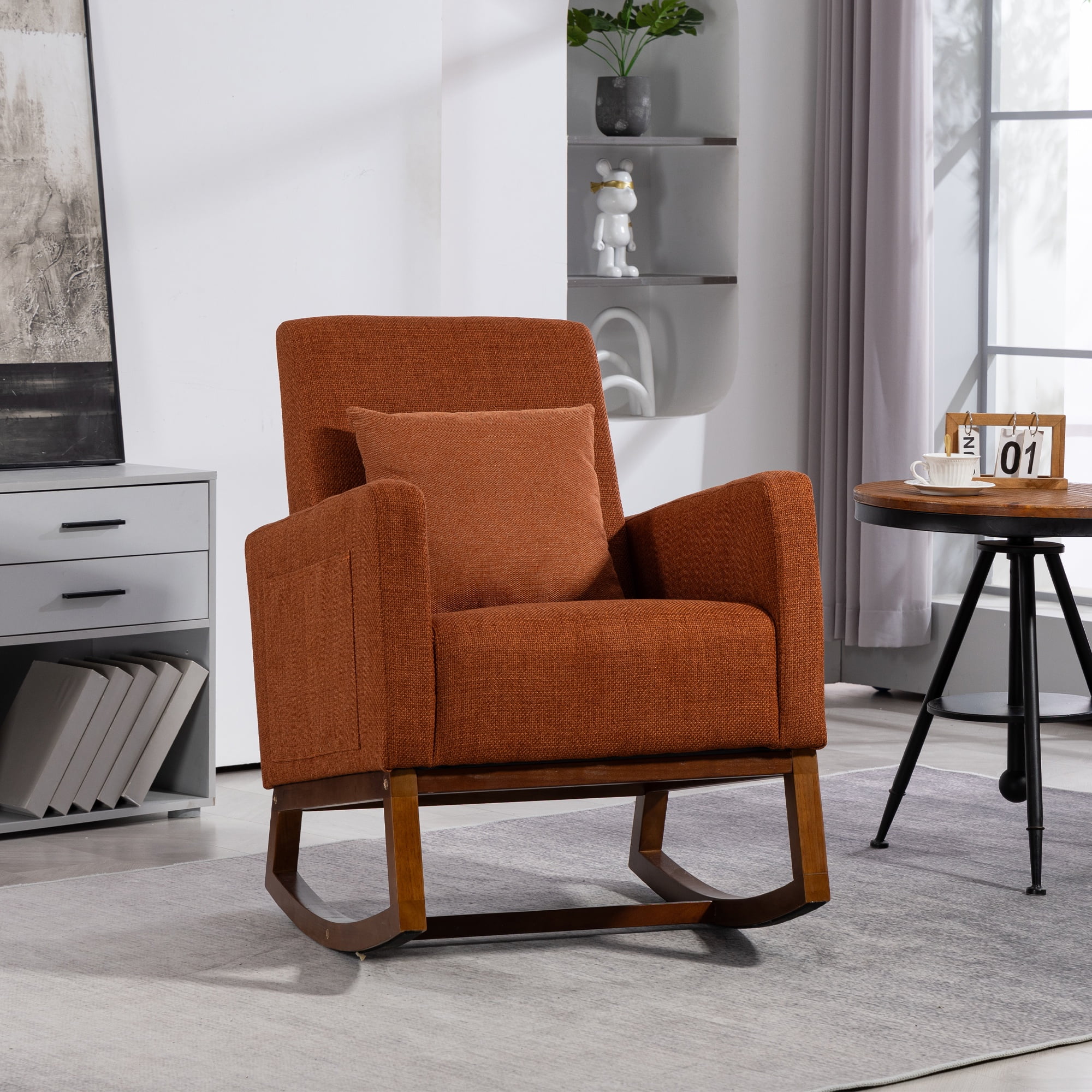 PORKISS Rocking Chair with Padded Lumbar Pillow, Upholstered Fabric ...