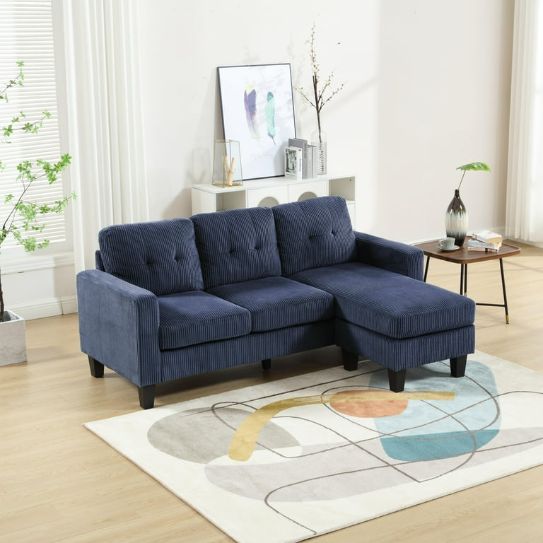 Porkiss Sectional Sofa with Ottoman Velvet Fabric Sectional Couch 3 Seat L Shaped Sofa for Apartment Navy