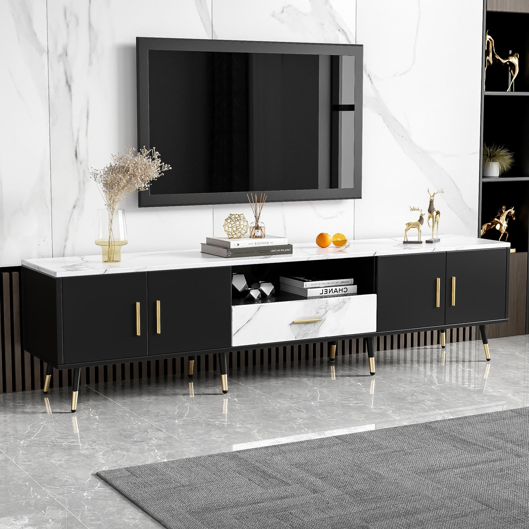 PORKISS TV Stand for 75 Inches TV, Modern Faux Marble TV Cabinet with 2 ...