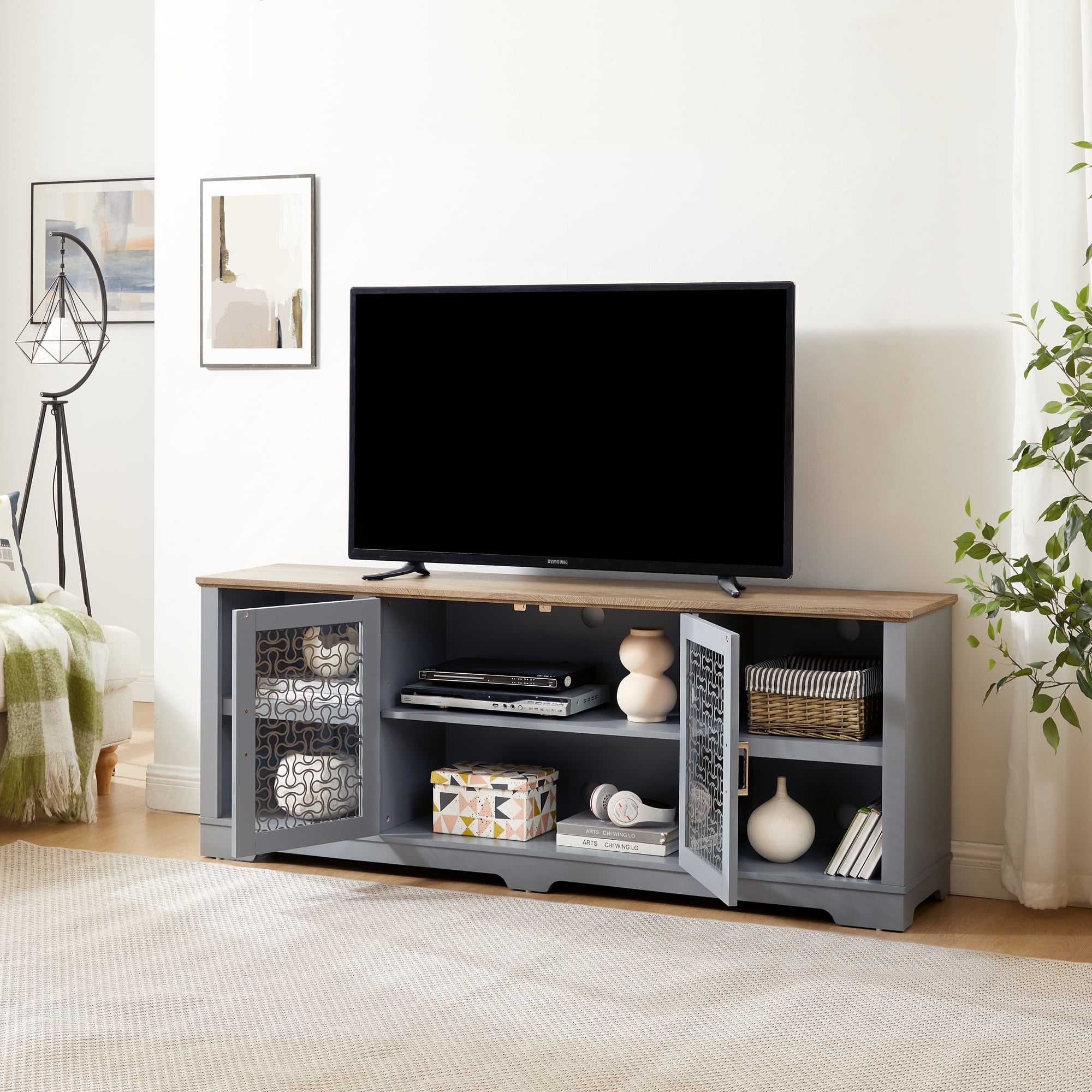 PORKISS TV Stand for 80 Inches TV, Modern Farmhouse Entertainment ...