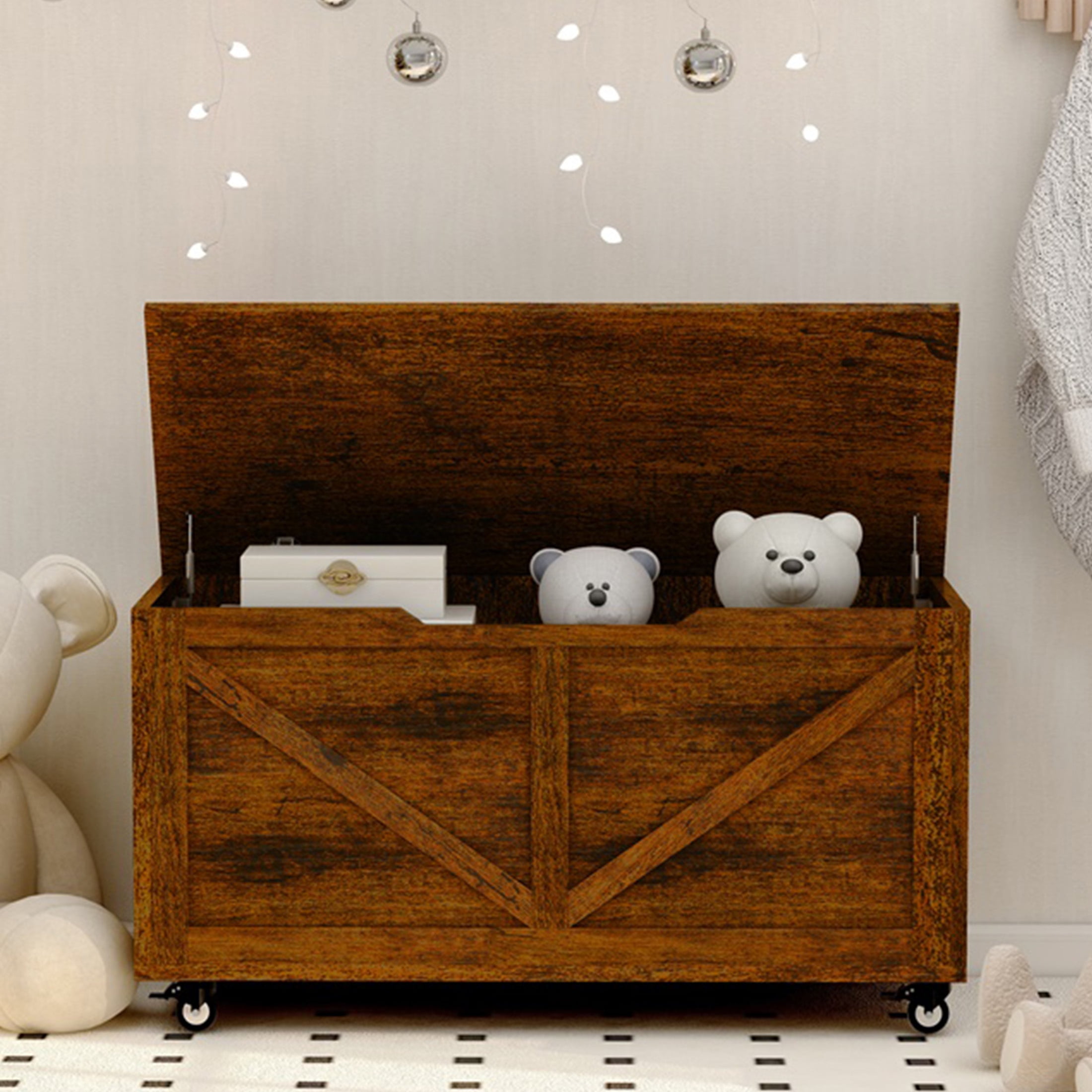 PORKISS Toy Box, Wooden Storage Bench on Wheels with Brakes, Toy ...