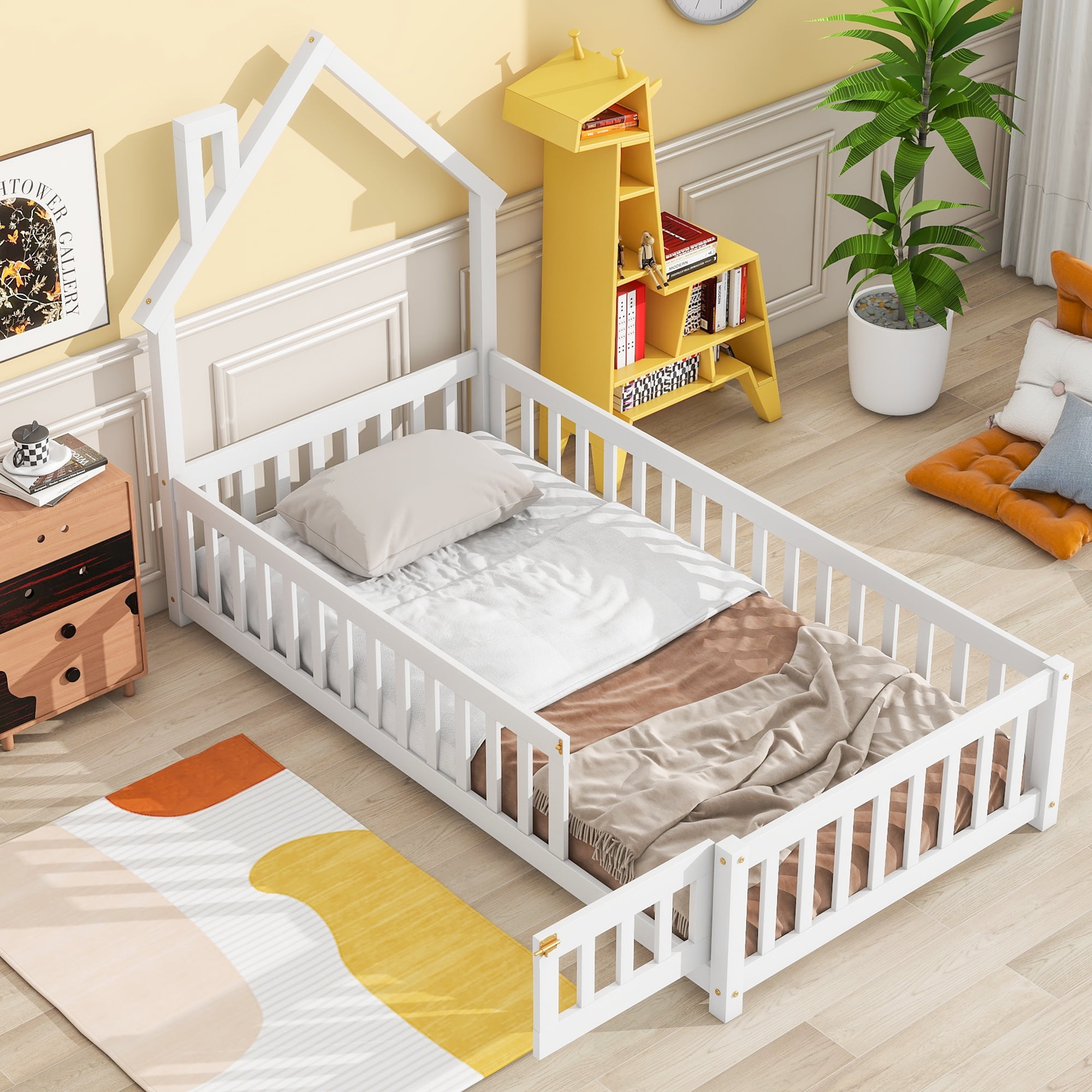 PORKISS Twin Size House Platform Bed for Kids with House-Shaped ...