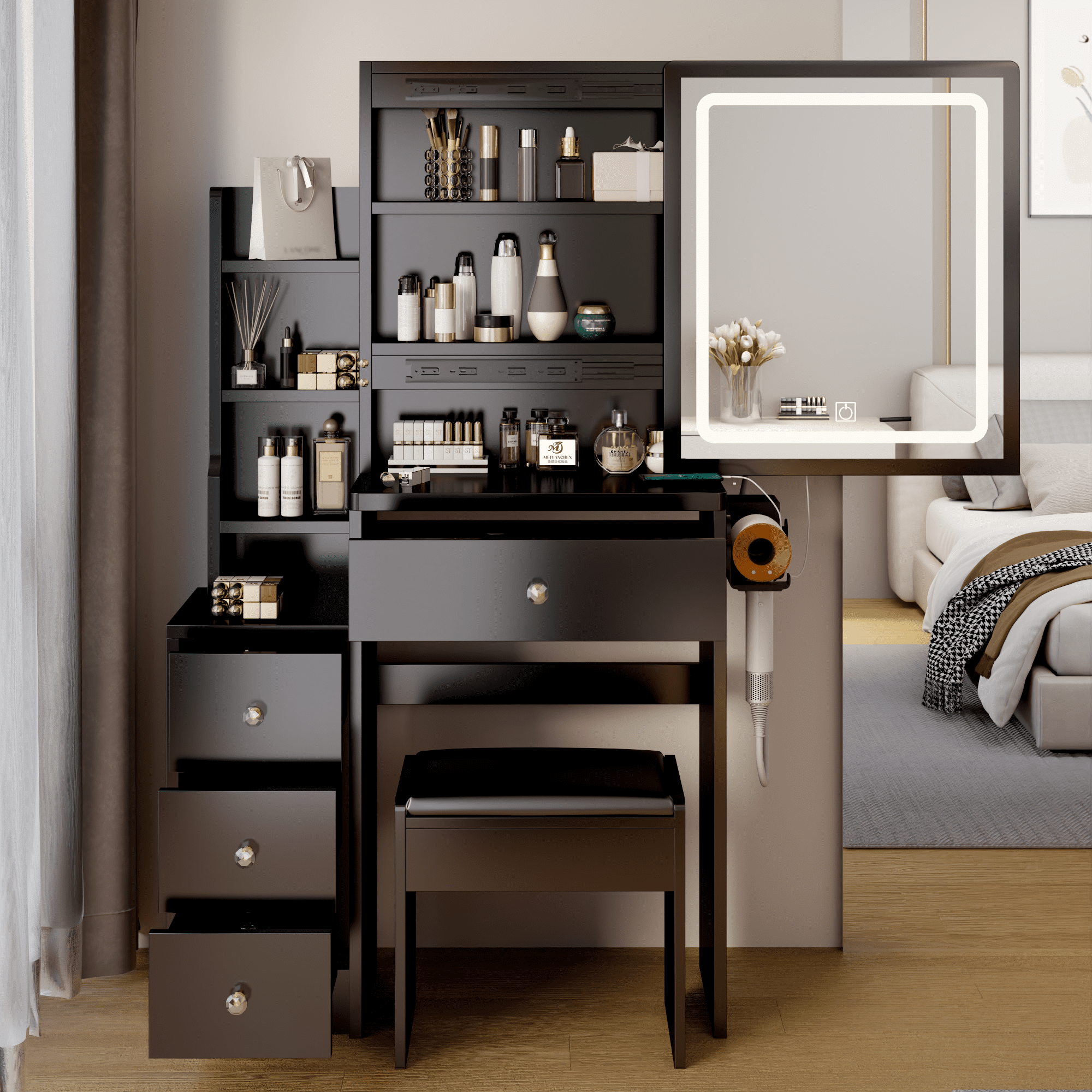 PORKISS Vanity Set with Sliding LED Mirror, Makeup Vanity with 2 AC and ...