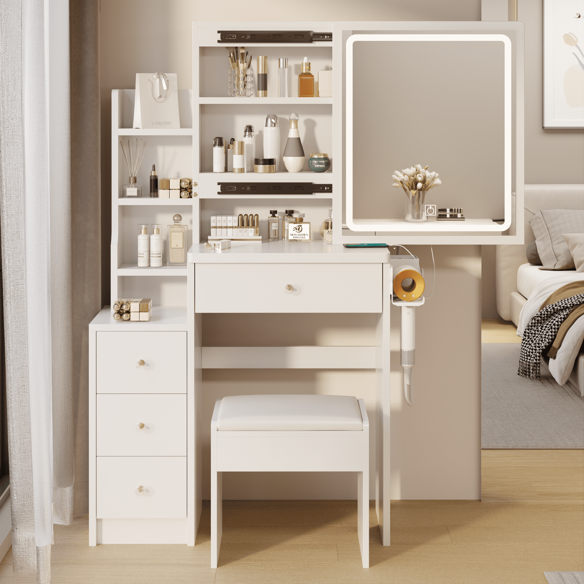 PORKISS Vanity Set with Sliding LED Mirror, Makeup Vanity with 2 AC and ...