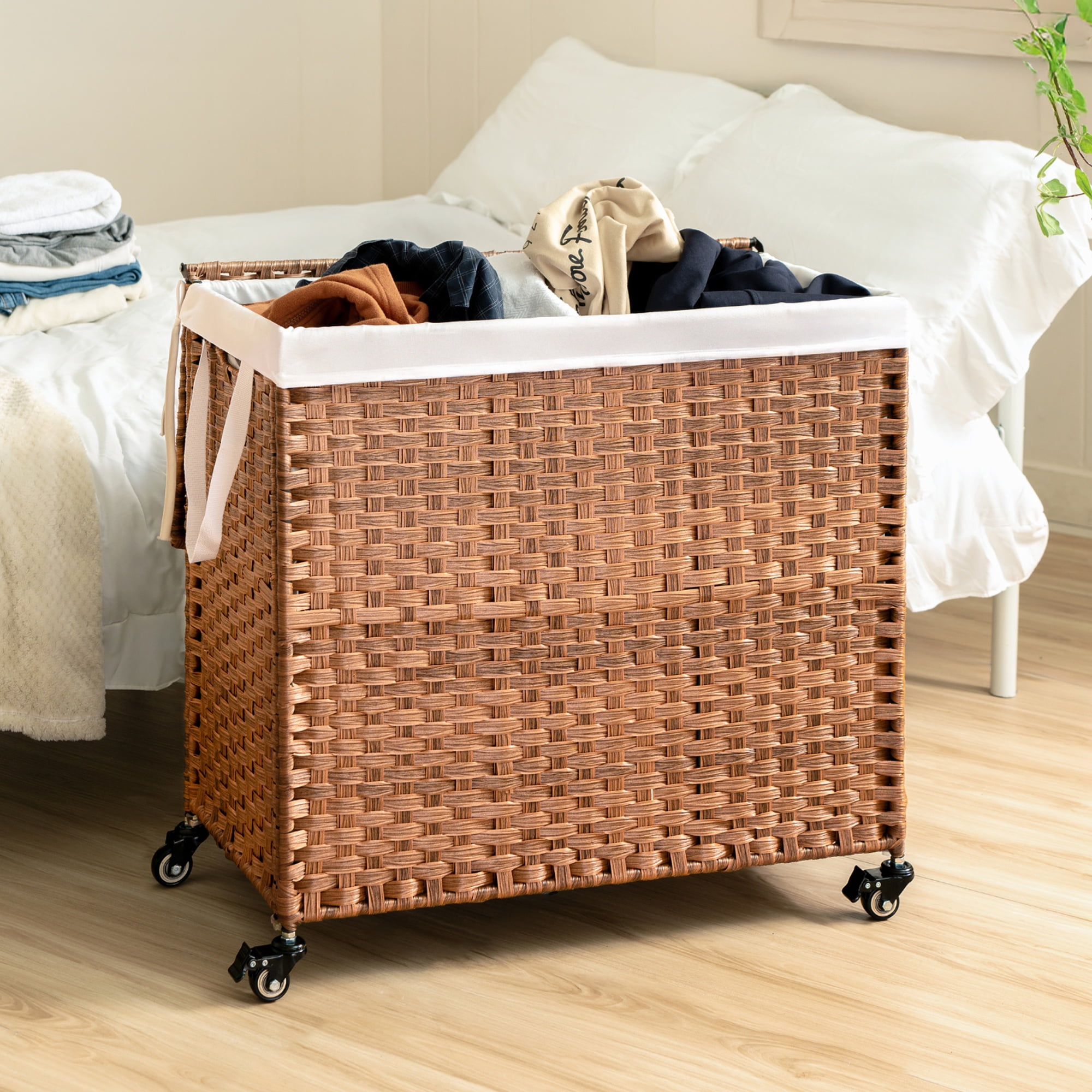 PORKISS Wheeled Laundry Basket with Lid, Laundry Hamper for PE Rattan ...