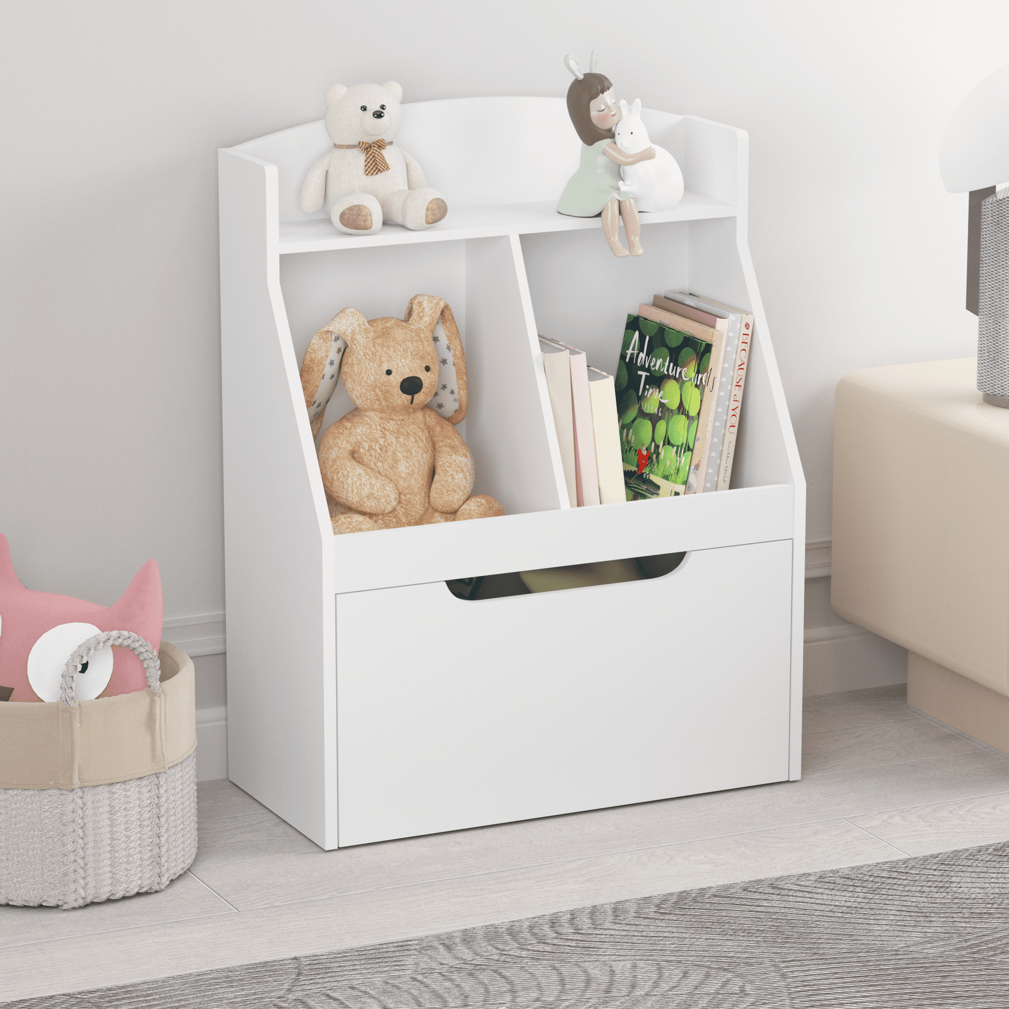PORKISS White Bookshelf for Kids, Wooden Kids Bookcase with 4 Wheels ...