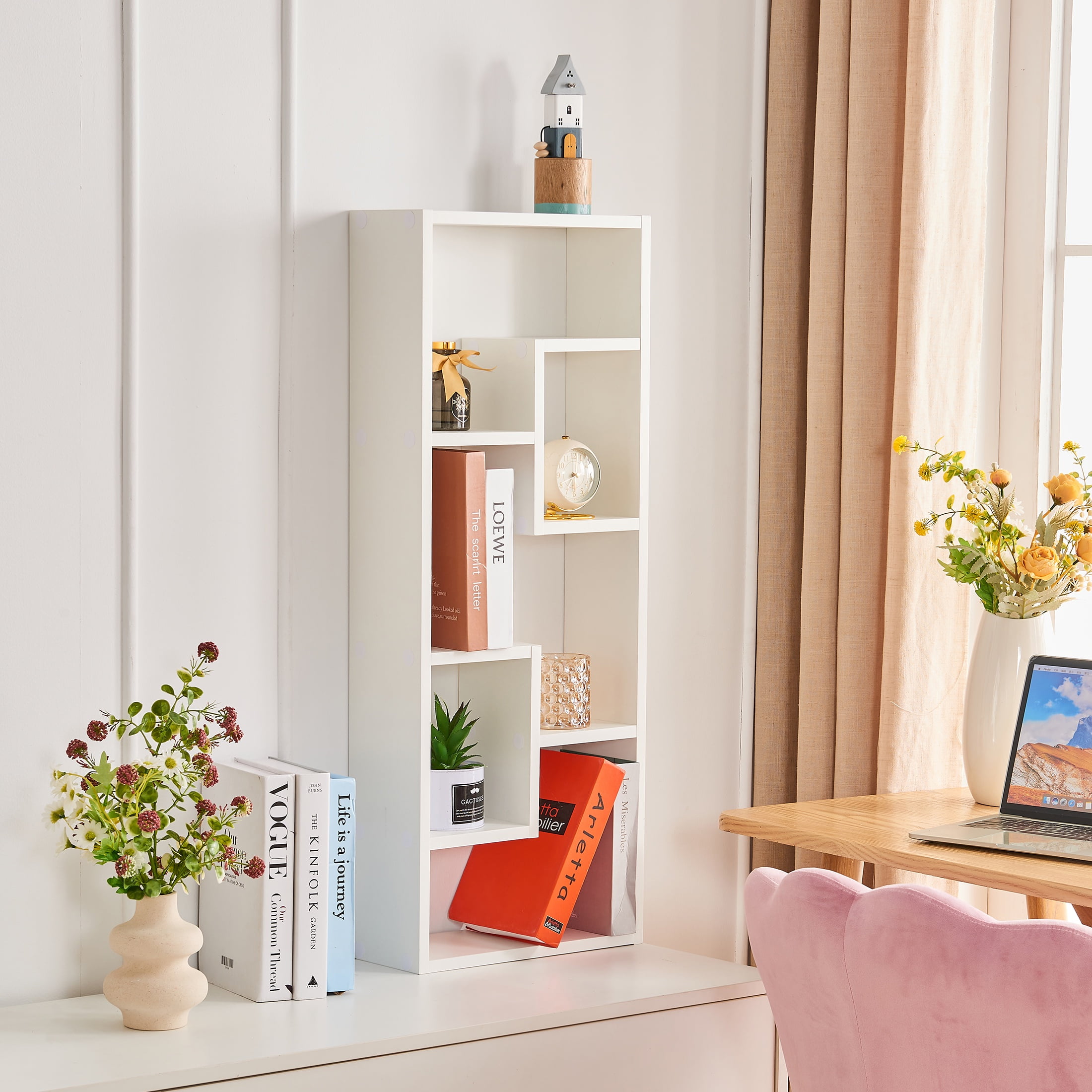 PORKISS White Bookshelf, Wood Open Display Shelf with 5 Cubes and 2 ...
