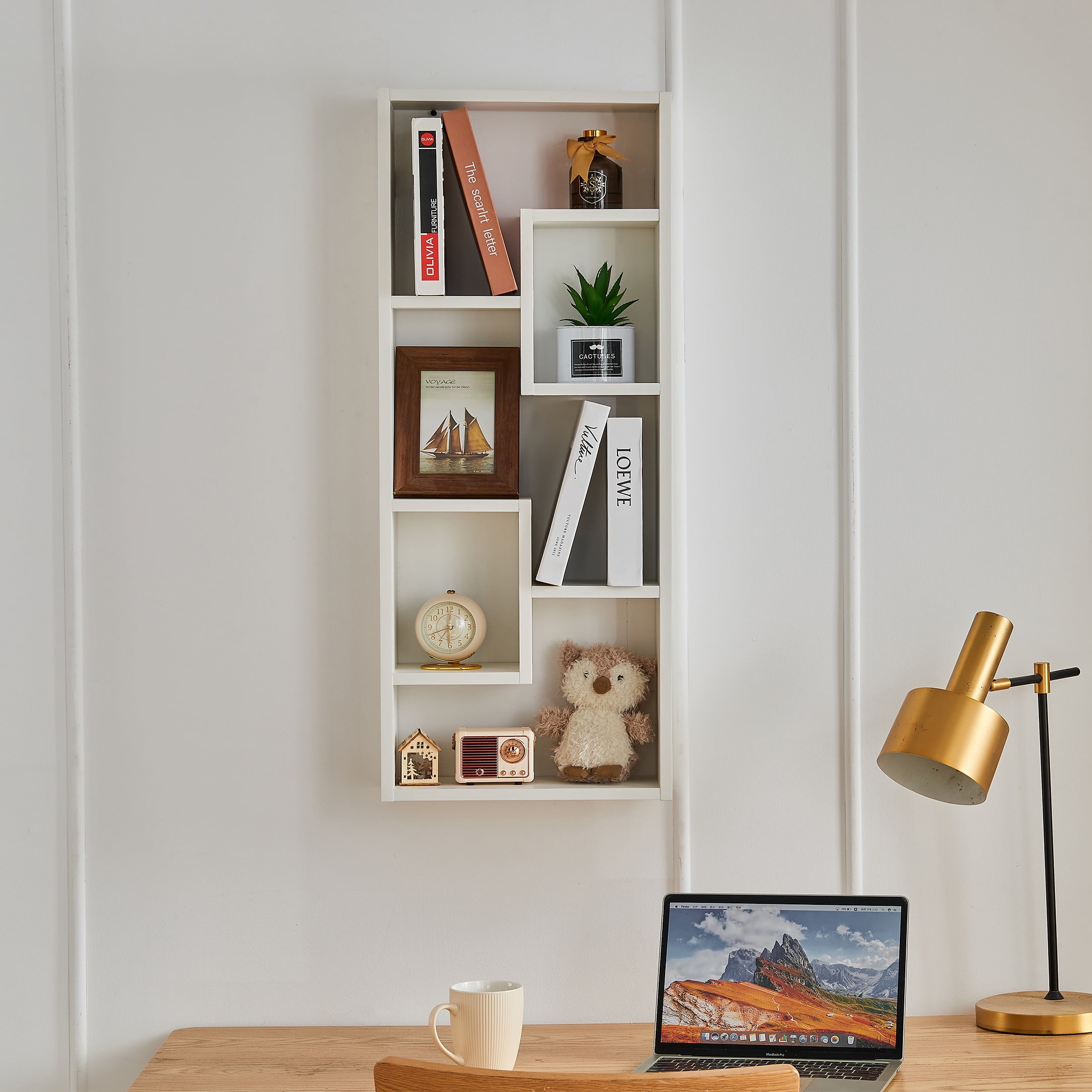 PORKISS White Bookshelf, Wood Open Display Shelf with 5 Cubes and 2 ...