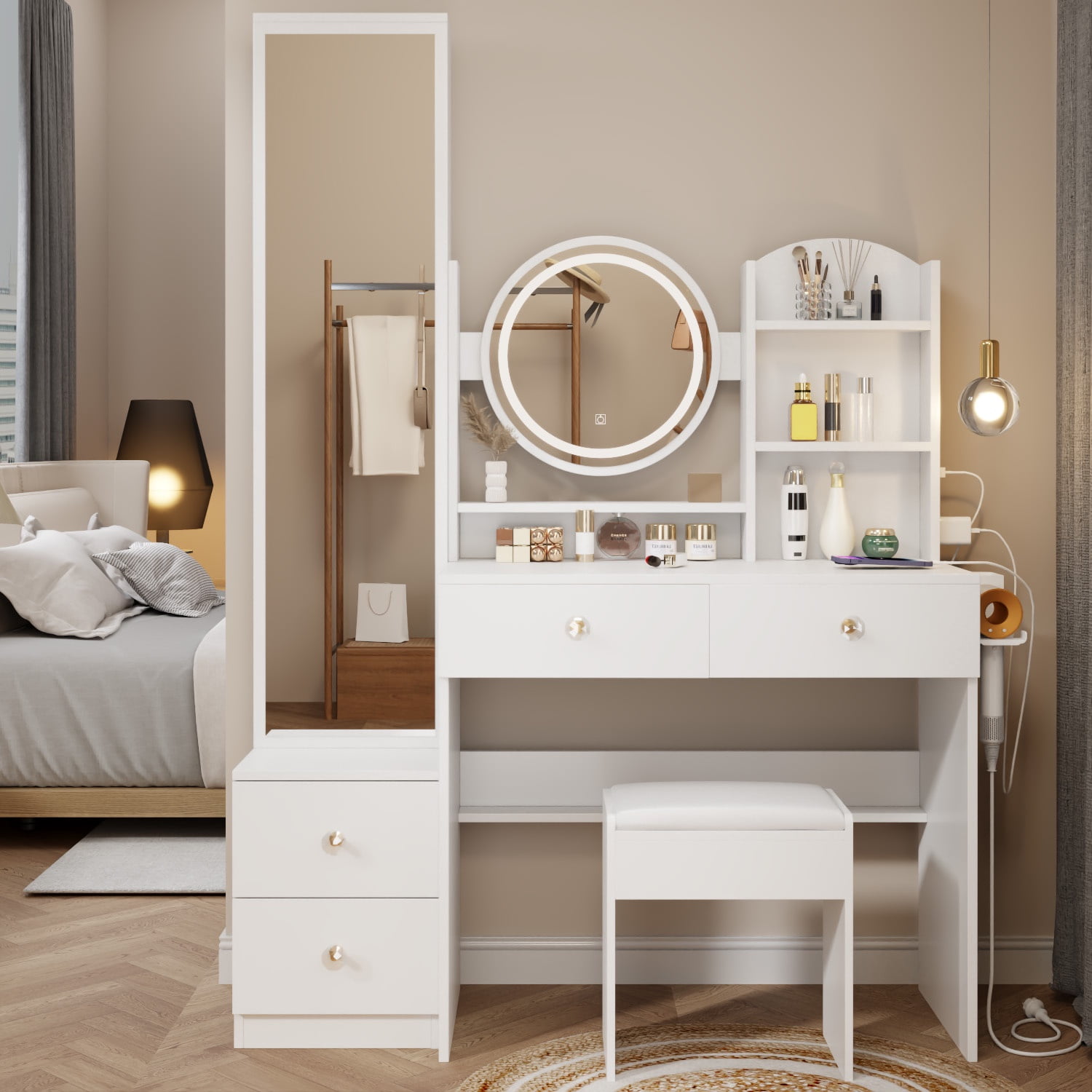 PORKISS White Makeup Vanity Table Set Modern Makeup Vanity with Full Body Mirror Cabinet Power Station and Stool Wood Vanity LED Mirror with 3 Color Light and Drawers for Bedroom Walmart
