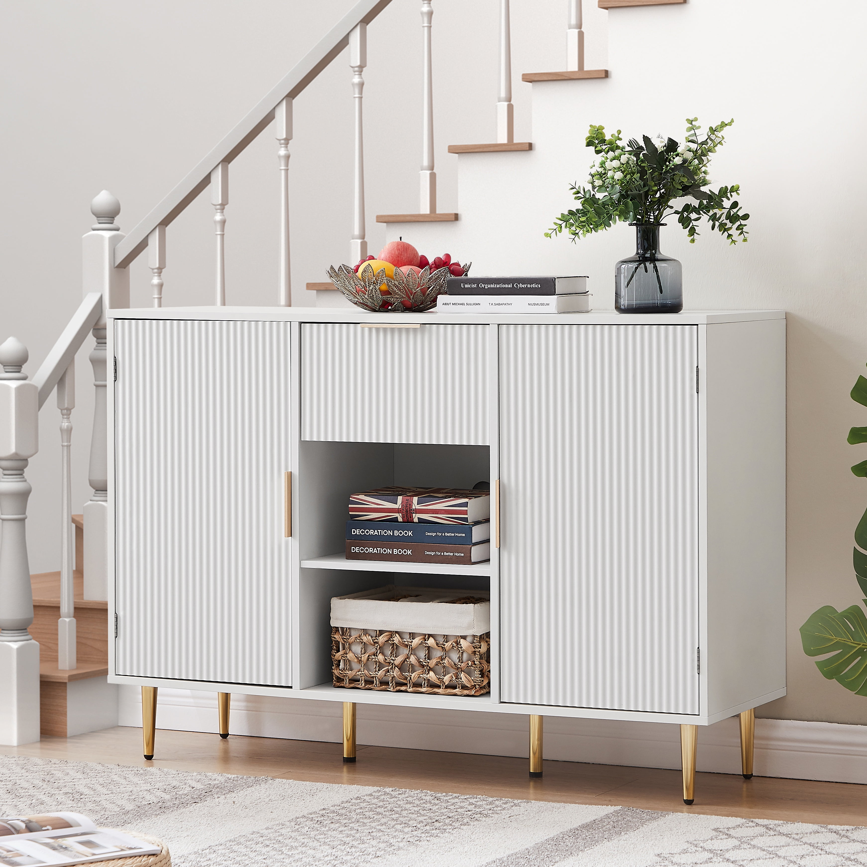 PORKISS White Storage Cabinet, Wooden Sideboard Cabinet with 2 Doors ...