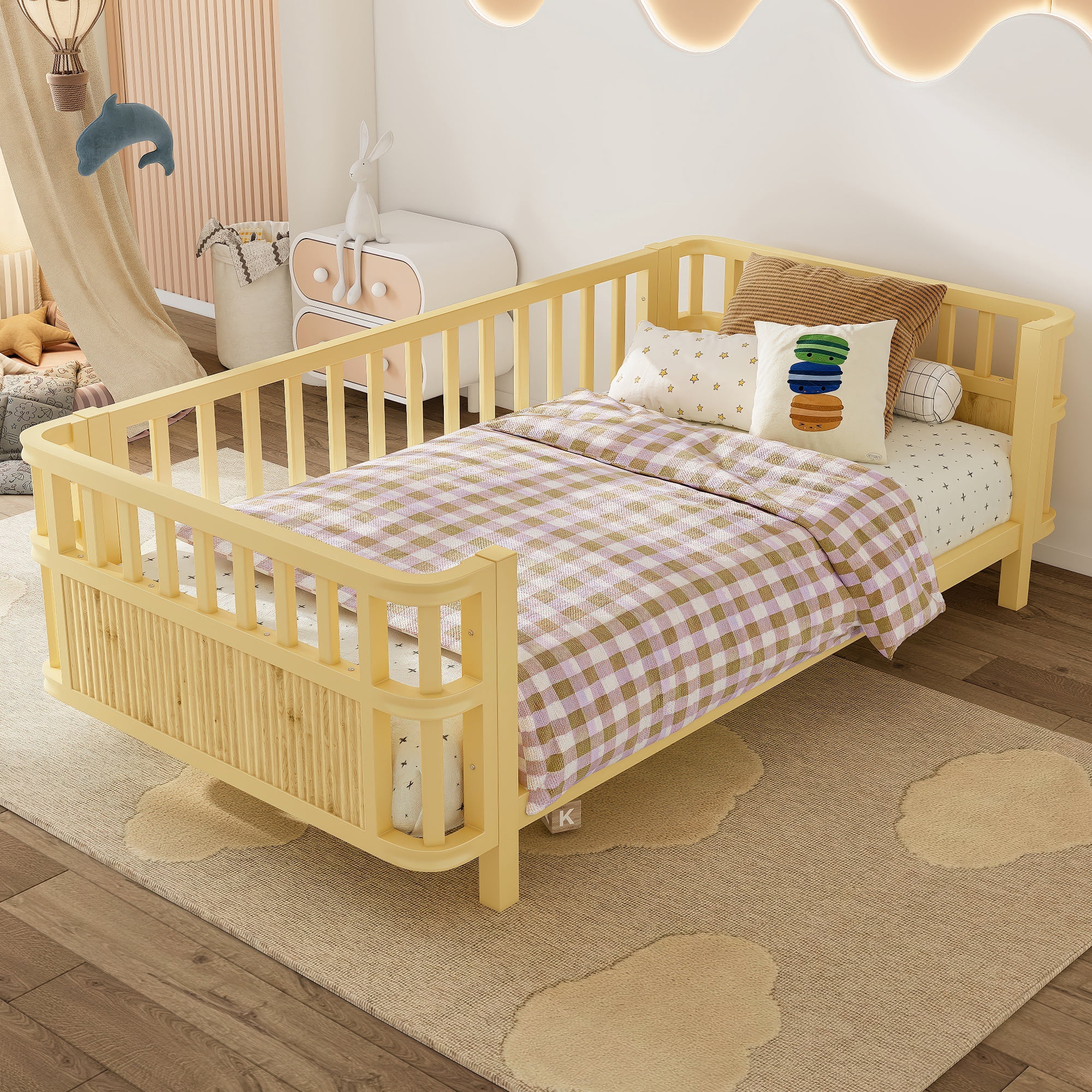 PORKISS Twin Size Platform Bed, Solid Wood Toddler Bed with Fence ...