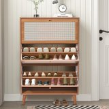 PORKISS Wooden Shoe Cabinet, Farmhouse Shoe Rack with 3 Rattan Doors ...