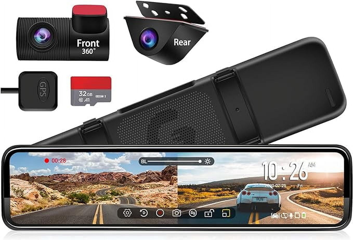 PORMIDO Mirror Dash Cam 12" with Detached Front Camera,Anti Glare Full ...