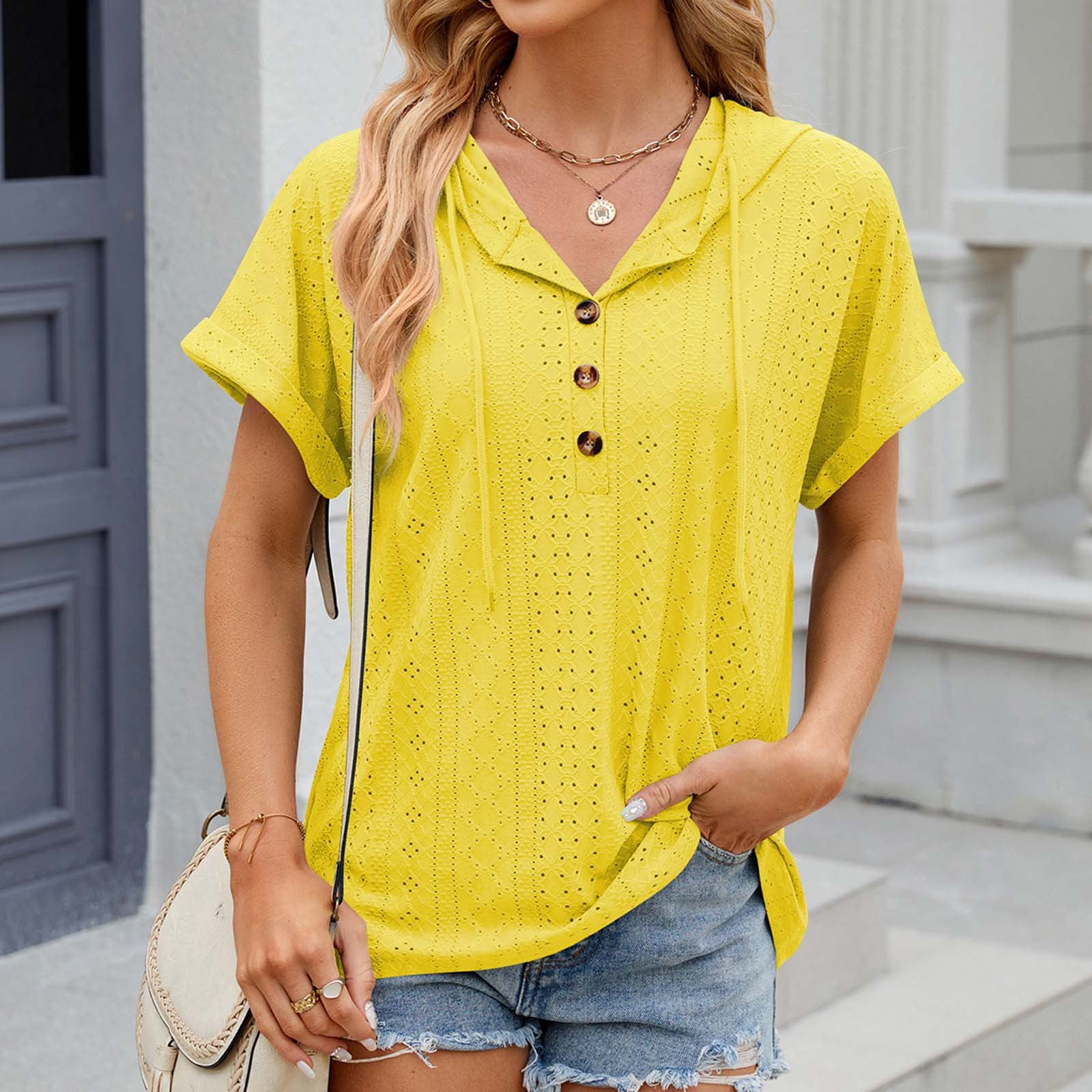 POROPL Linen Tops For Women Summer 2024 Short Sleeve Solid Casual V ...