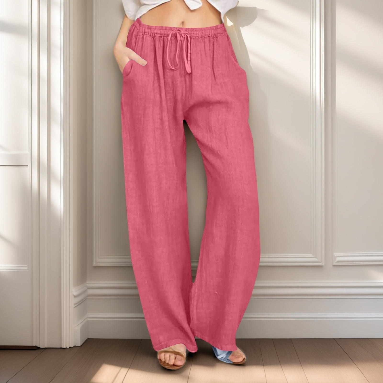 POROPL Plus Size Linen Pants Women Loose Wide Leg Drawstring Elastic ...
