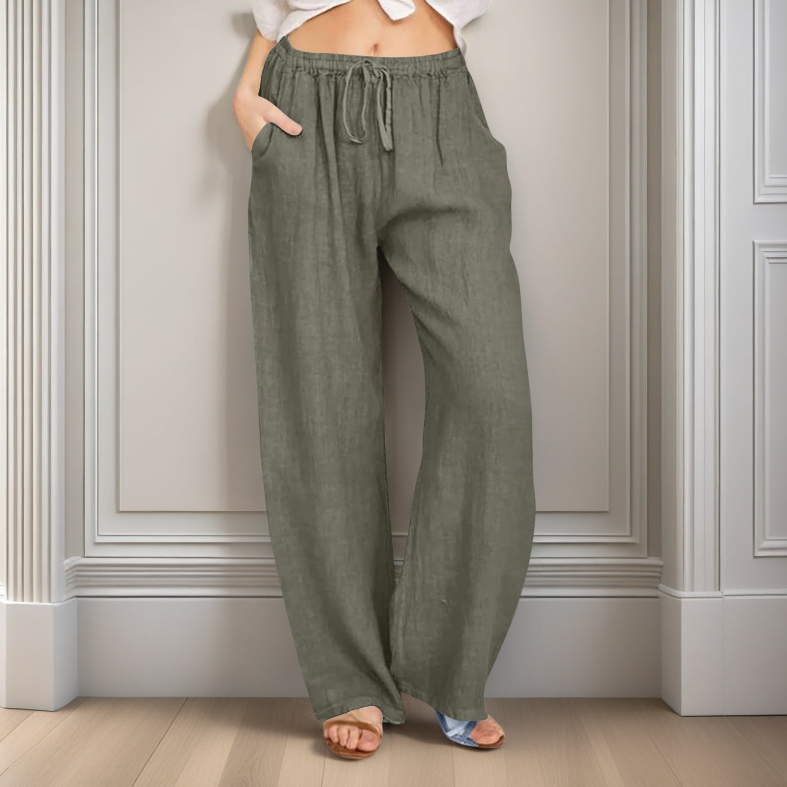 POROPL Plus Size Linen Pants Women Loose Wide Leg Drawstring Elastic ...