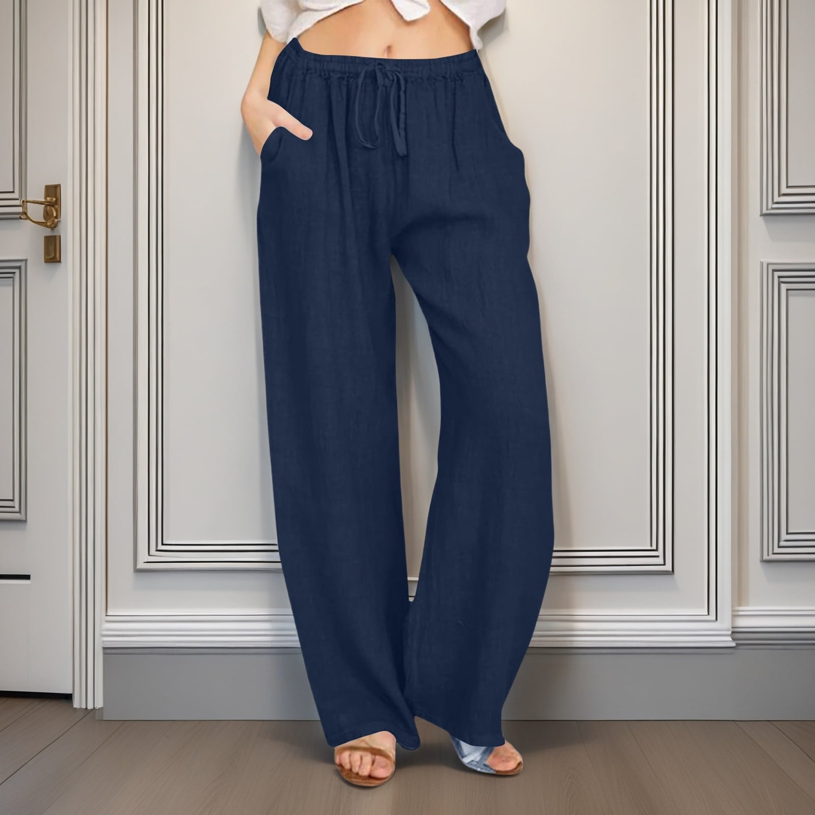 POROPL Plus Size Linen Pants Women Loose Wide Leg Drawstring Elastic ...