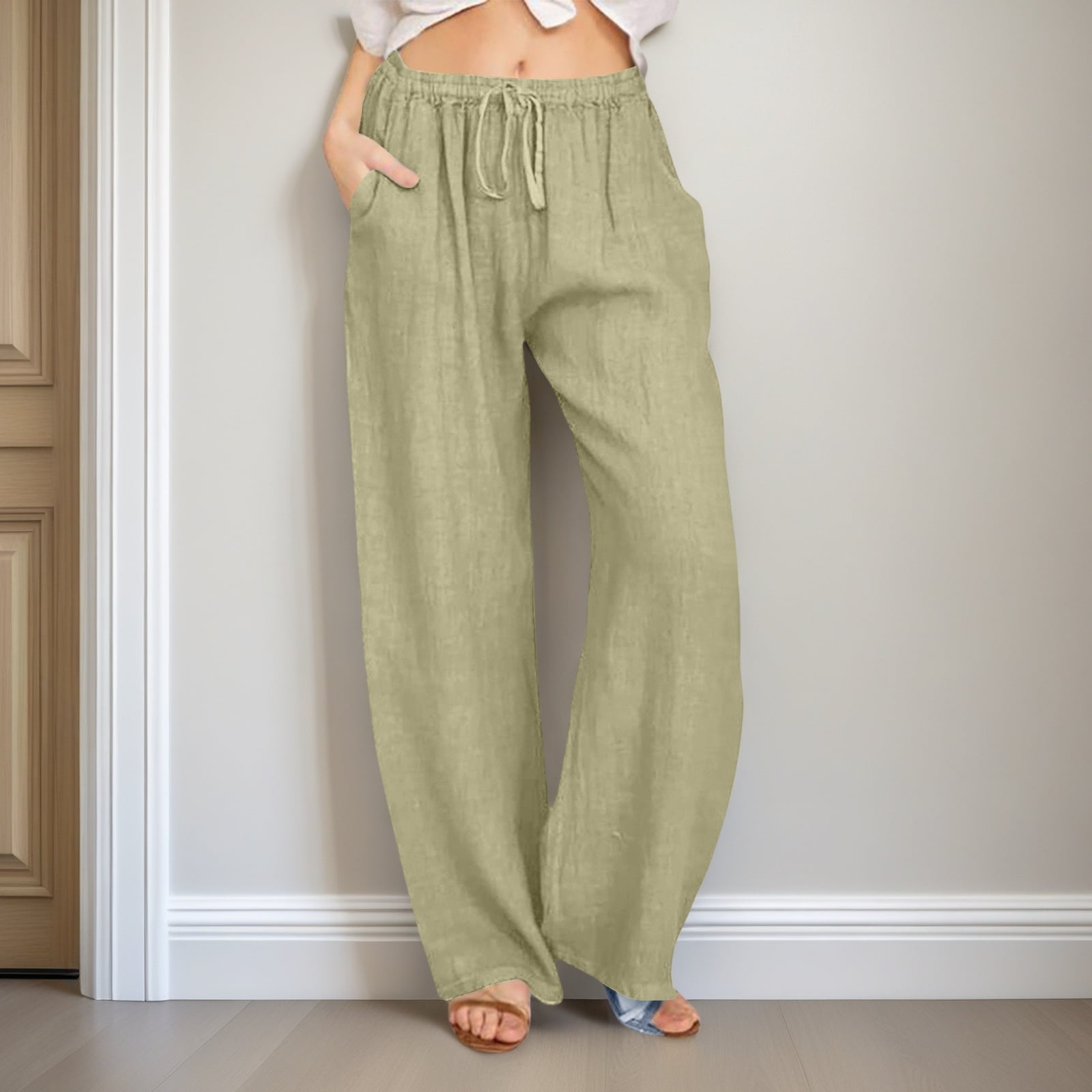 POROPL Plus Size Linen Pants Women Loose Wide Leg Drawstring Elastic ...