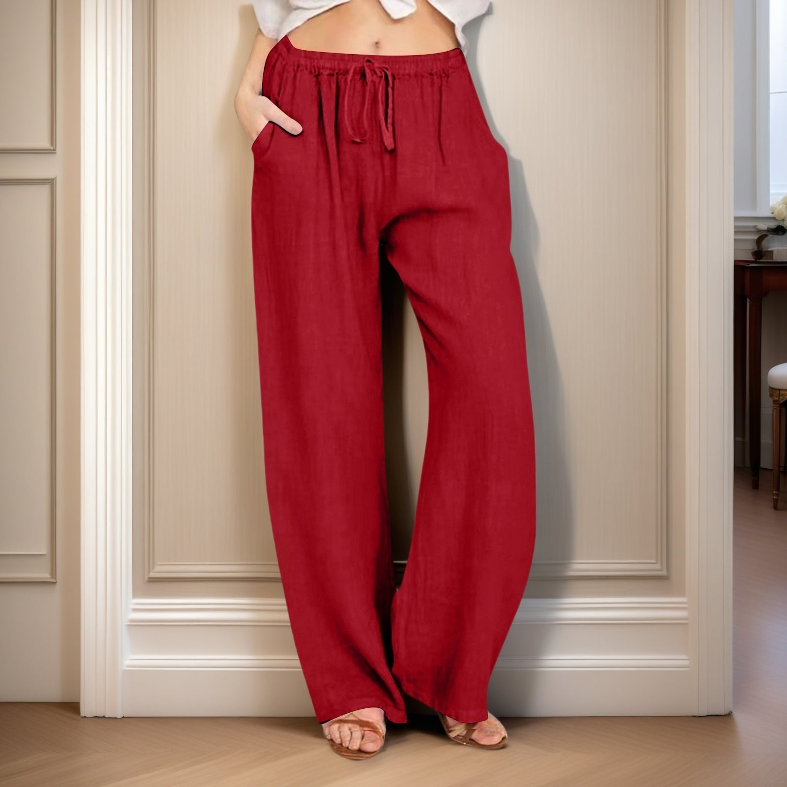 POROPL Plus Size Linen Pants Women Loose Wide Leg Drawstring Elastic ...