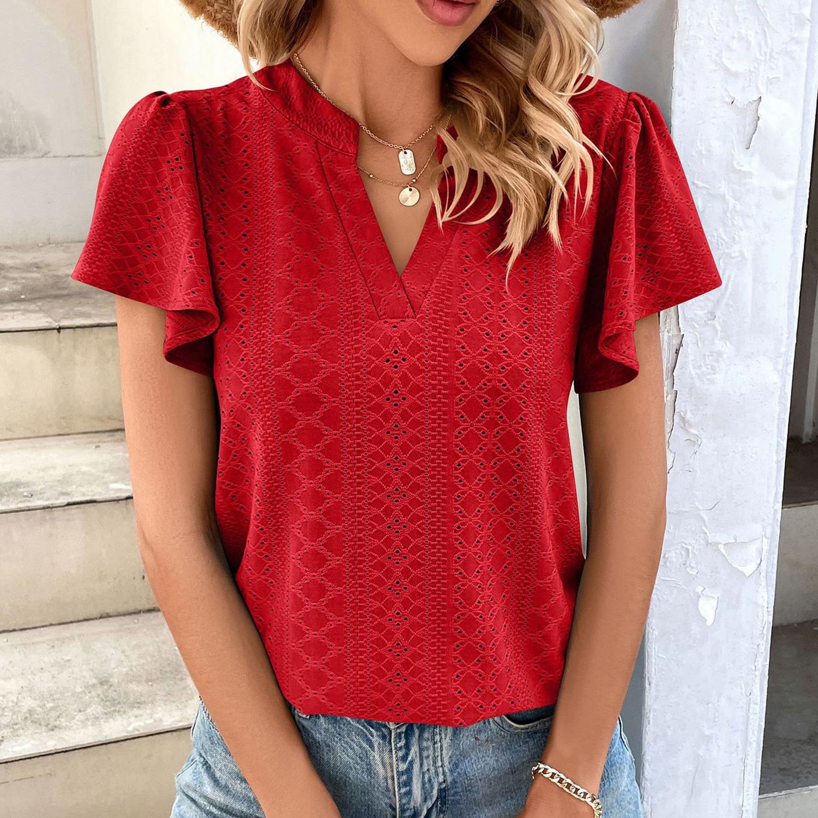 POROPL Red Linen Tops For Women Summer 2024 Solid Spring V Neck Lace Cut Out Tops For Women ...