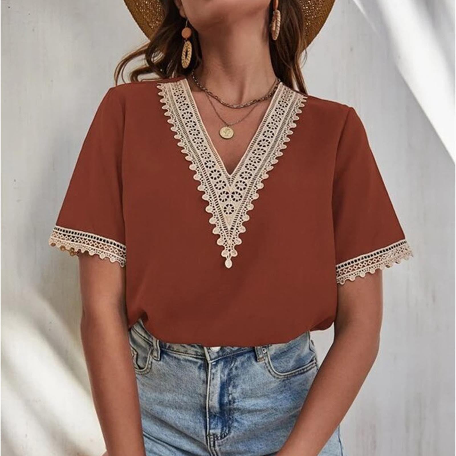 POROPL Tops For Women Spring 2024 Short Sleeve Solid Casual V Neck Lace ...
