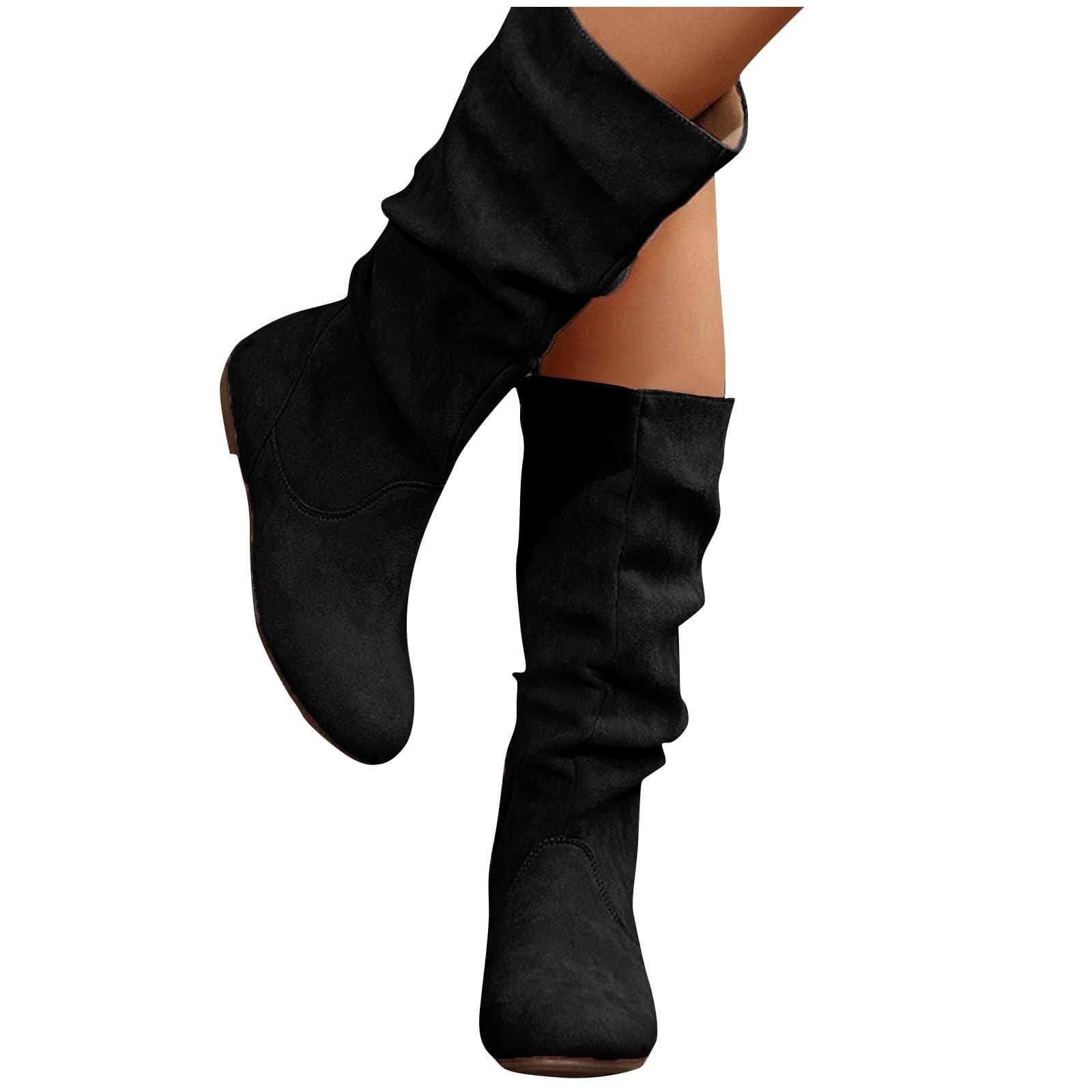 POROPL Wide Mid-Calf Boots for Women Slip-on Flat Chelsea Boots Women ...