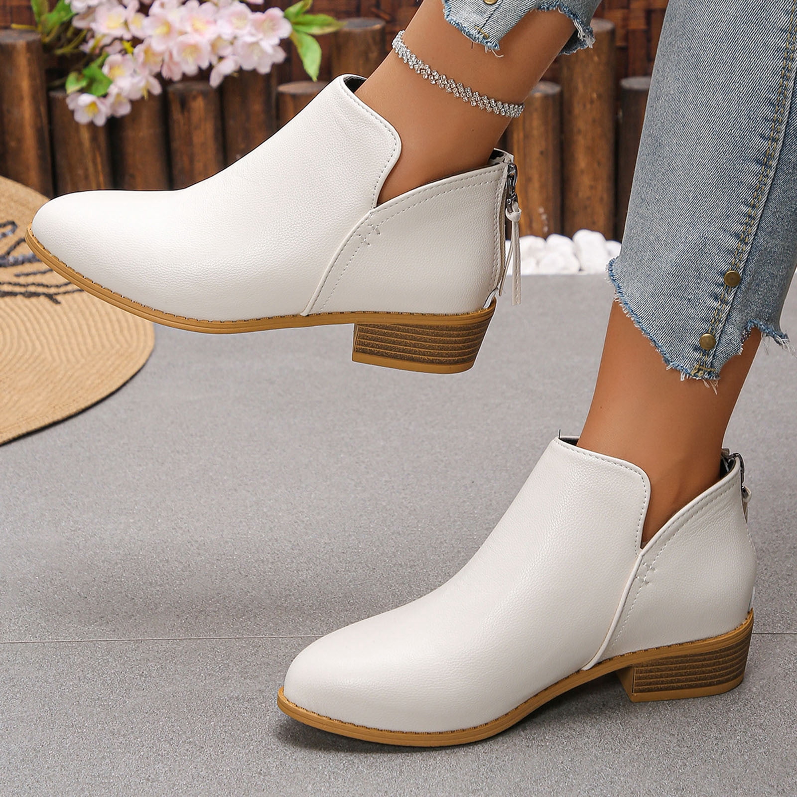 POROPL Womens Boots Ankle Fashion Low Heel Pointed Toe Leather Zip Up ...