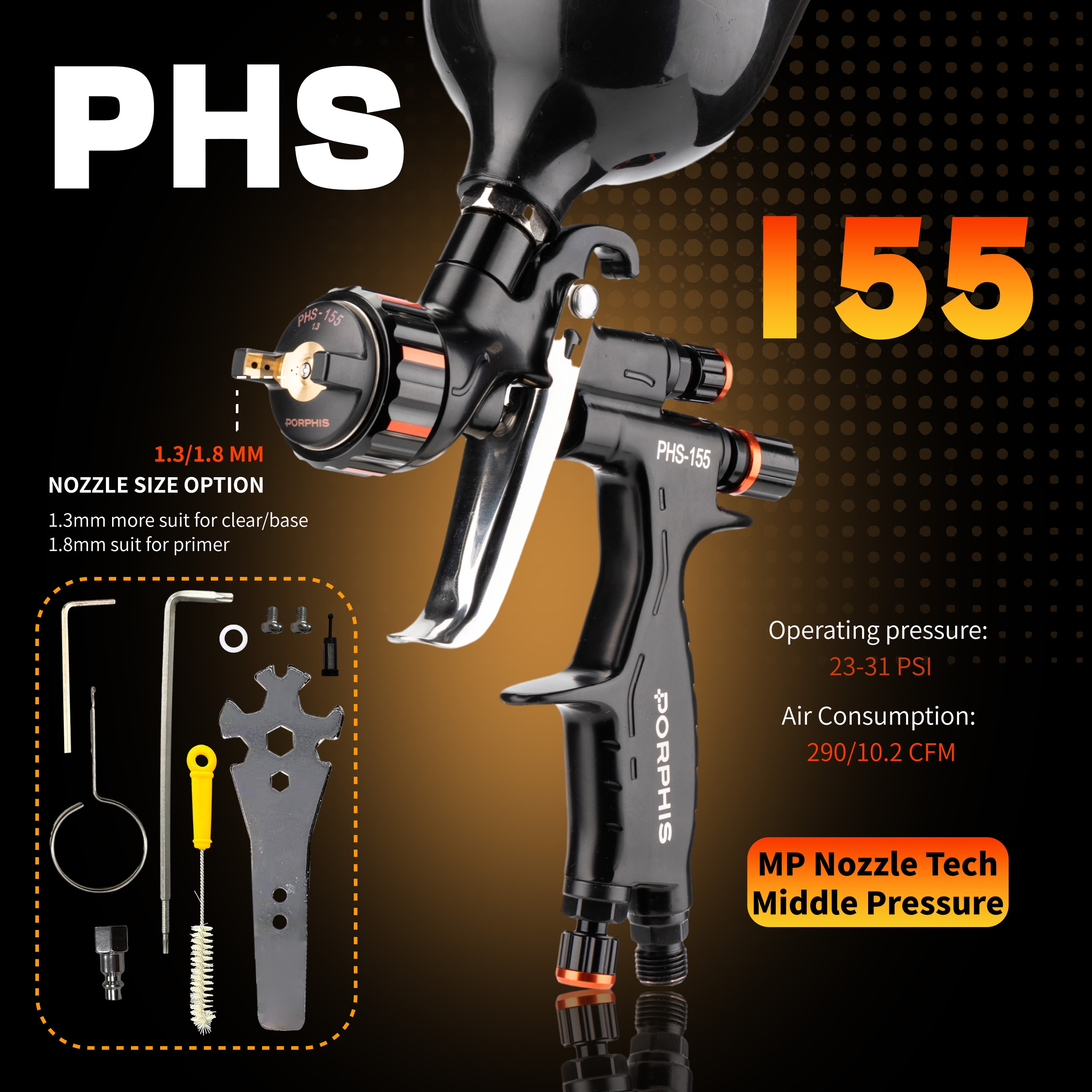 PORPHIS Automotive Refinishing Spray Gun PHS-155 Middle Pressure 1.3mm ...