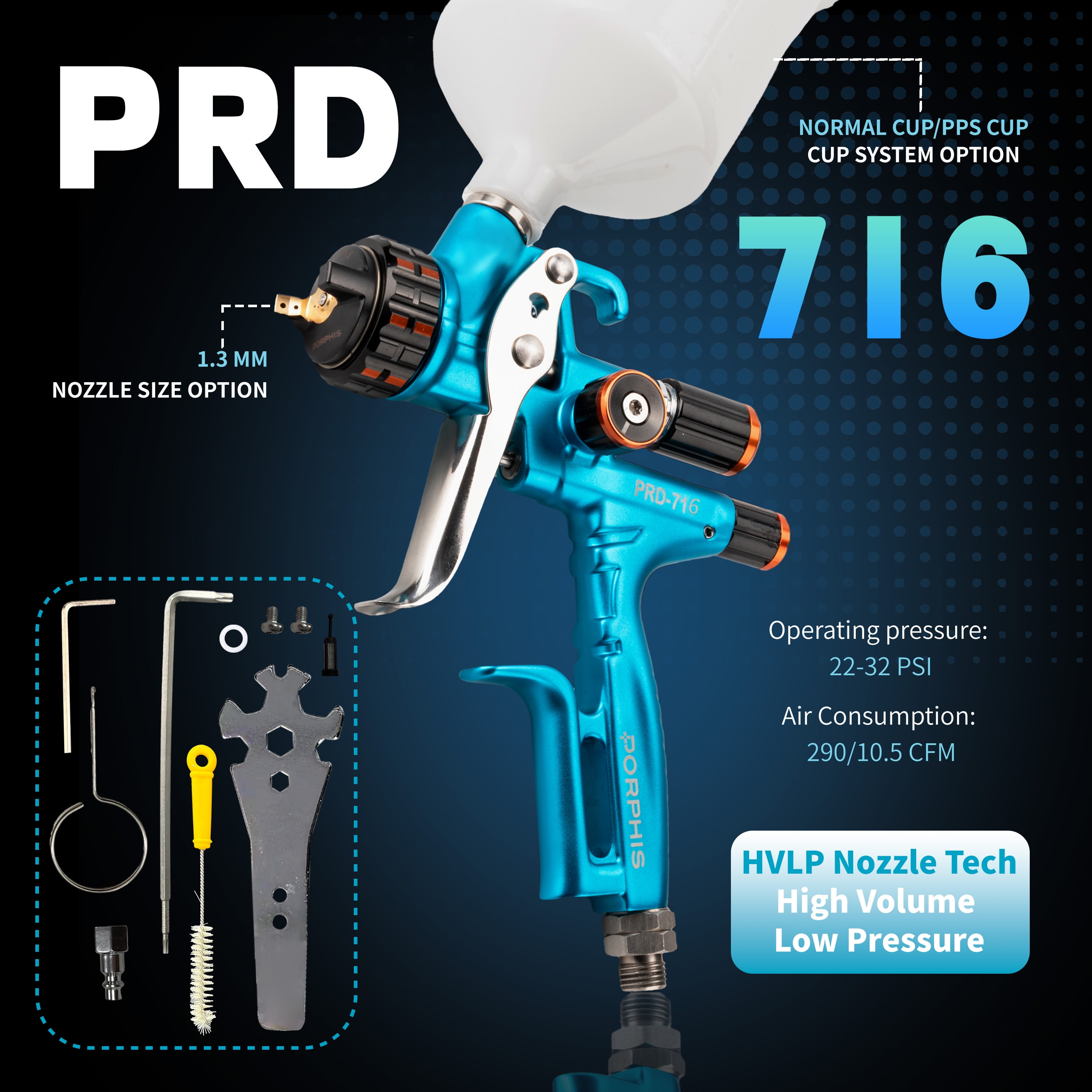 PORPHIS HVLP Automotive Refinishing Spray Gun PRD-716 1.3mm Nozzle ...