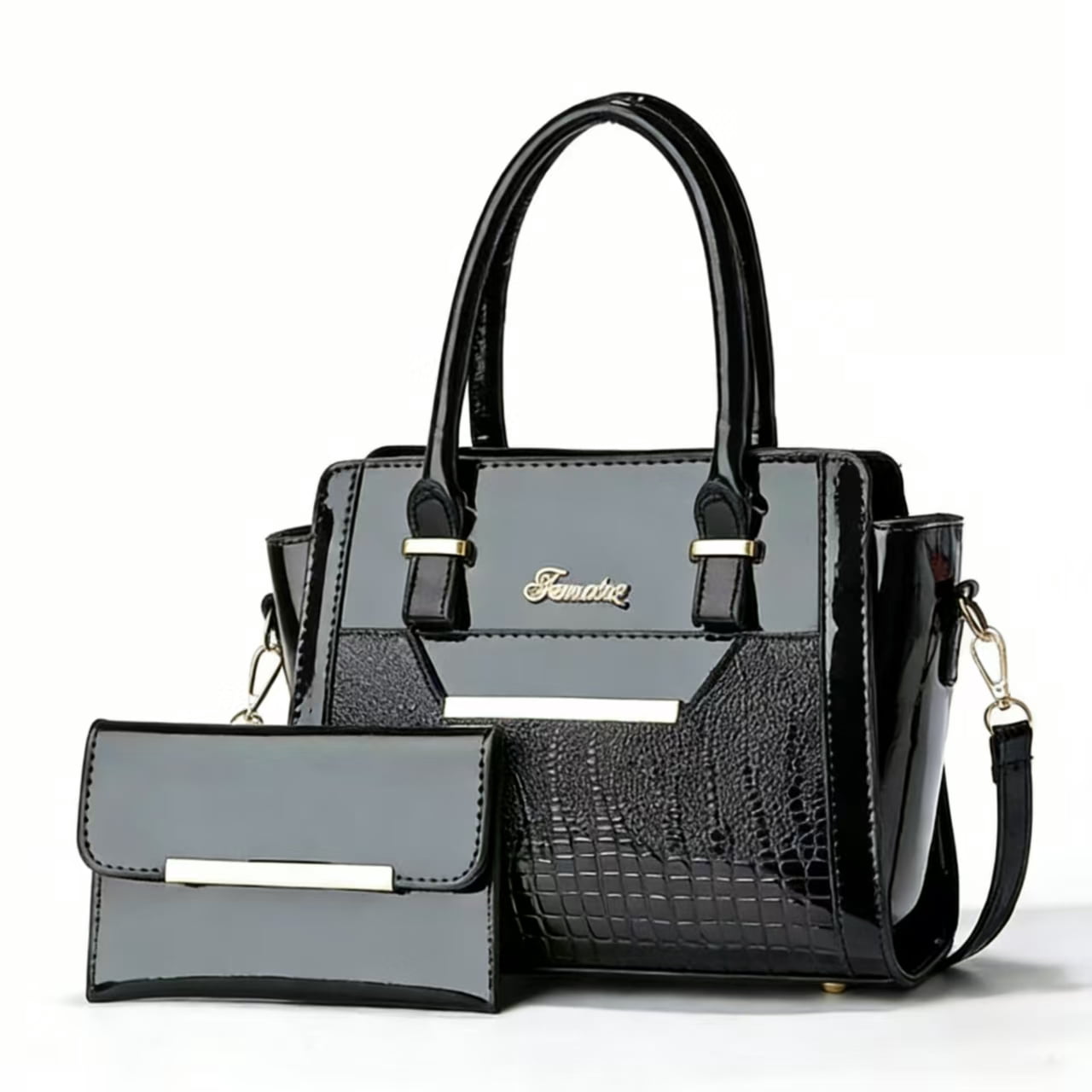 PORT&LOTUS Glossy Black Patent Leather Tote Bag with Matching Wallet ...