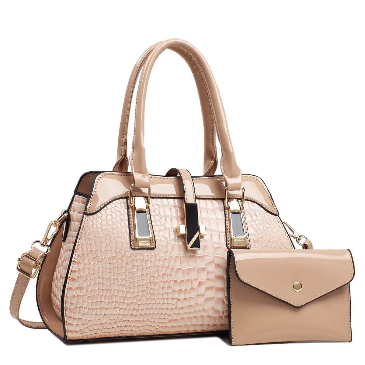 PORT&LOTUS Medium Size Glossy PU Leather Top Handle Crossbody Tote ...