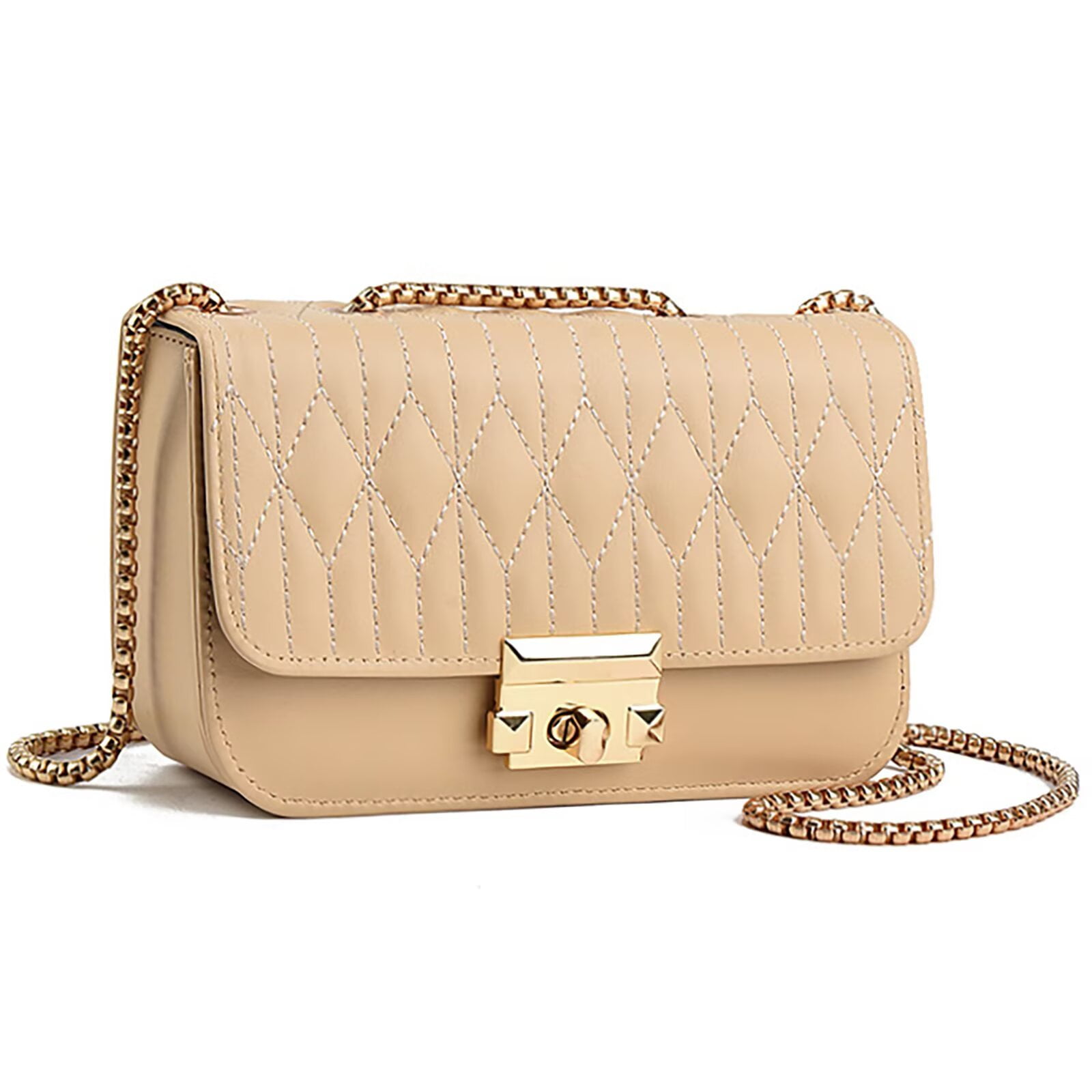 PORT&LOTUS Mini Quilted Tan Purses with Gold Strap Diamond Pattern Nude ...