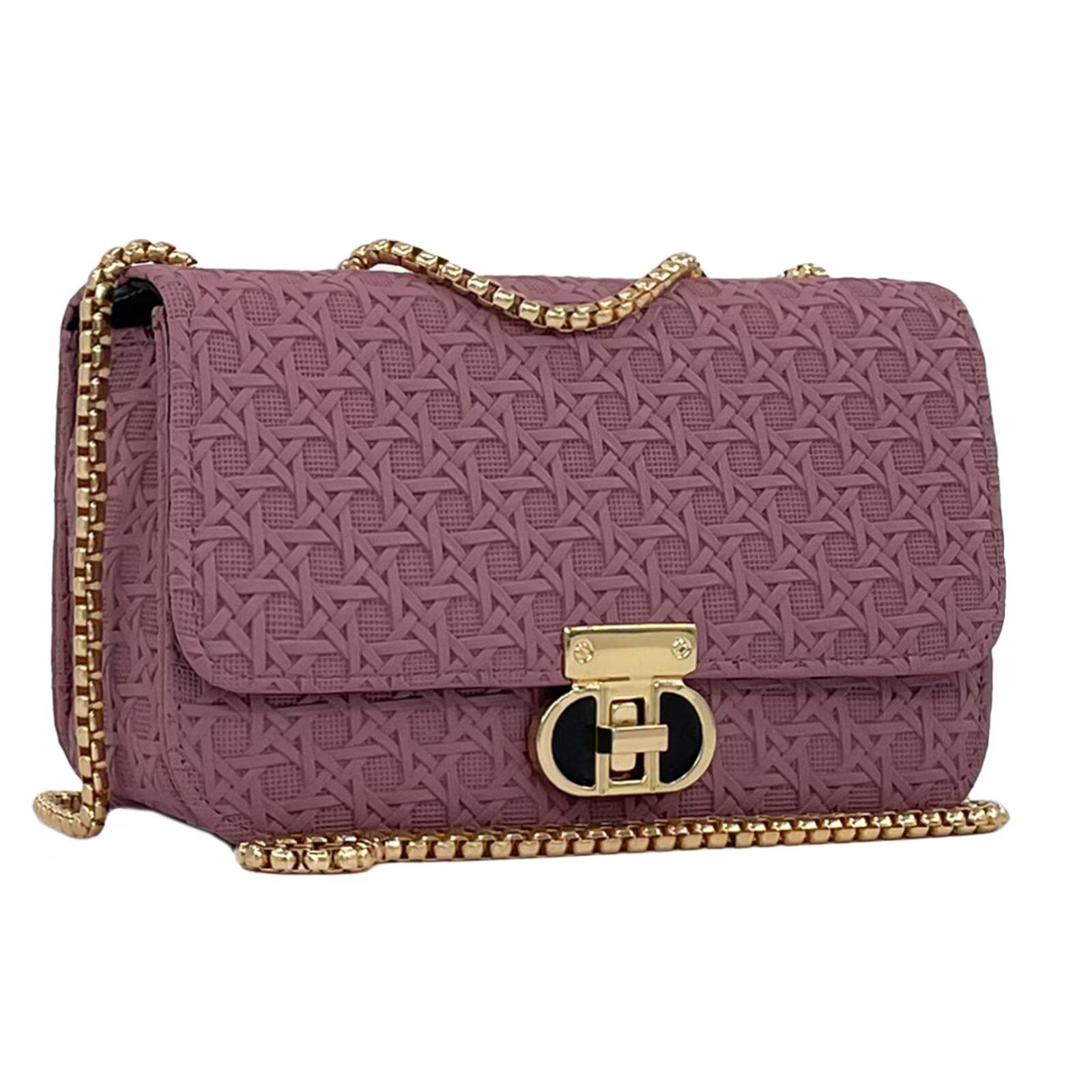 PORT&LOTUS Mini Shoulder Bag with Gold Chain Strap Woven Faux PU ...