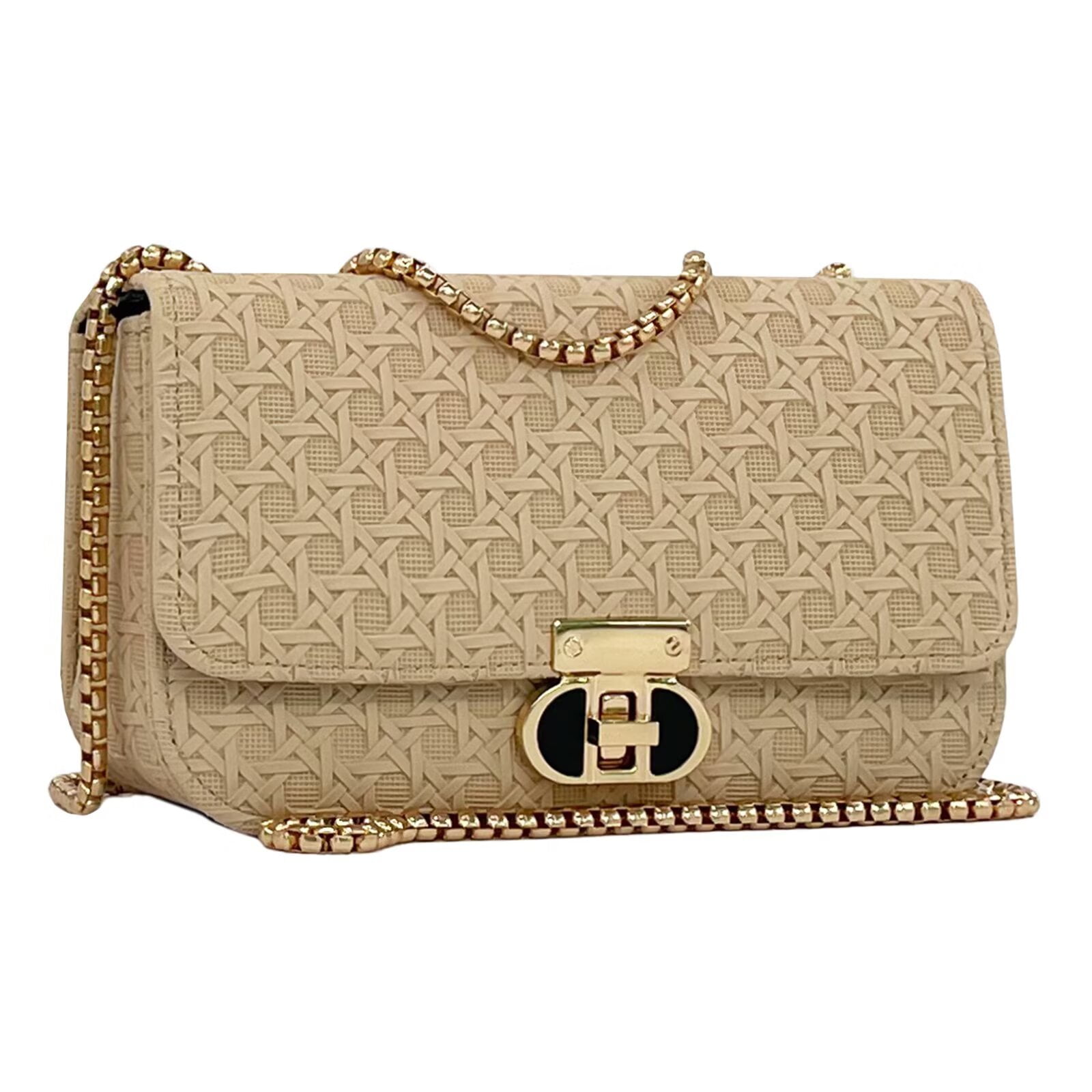 PORT&LOTUS Mini Shoulder Bag with Gold Chain Strap Woven Faux PU ...