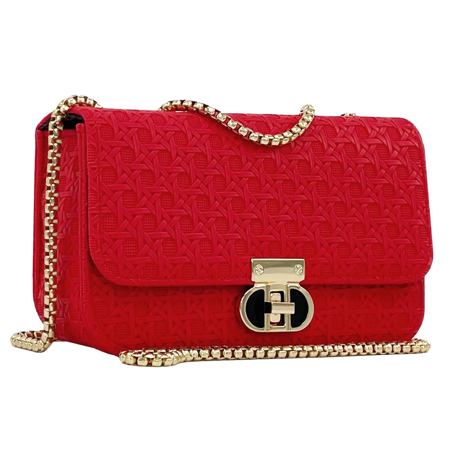 PORT&LOTUS Mini Shoulder Bag with Gold Chain Strap Woven Faux PU ...