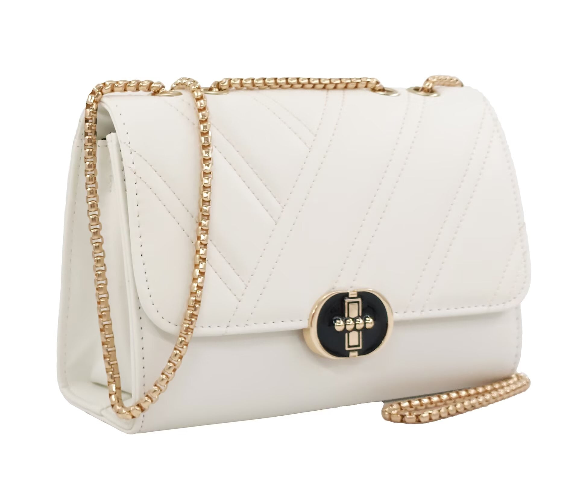 PORT&LOTUS Women's Shoulder Bag with Golden Chain Strap Quilted White ...