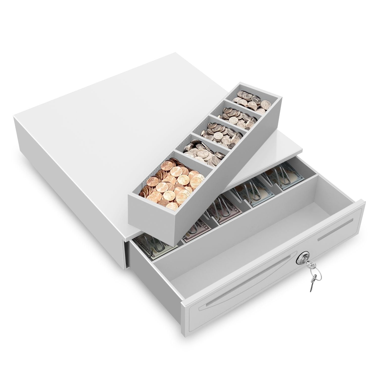 POS Cash Register Drawer Box (Gray) RJ-11 Key Lock with 5 Bill & Coin ...