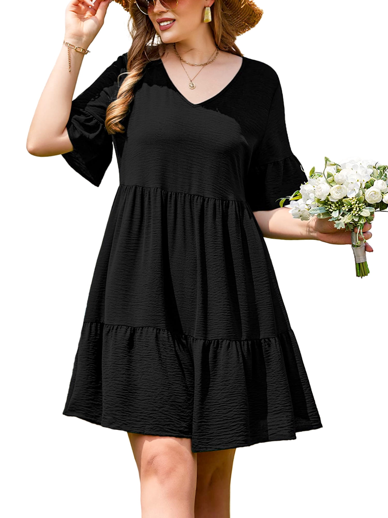 POSESHE Women Summer Tunic Dresses V Neck Casual Loose Flowy Swing ...