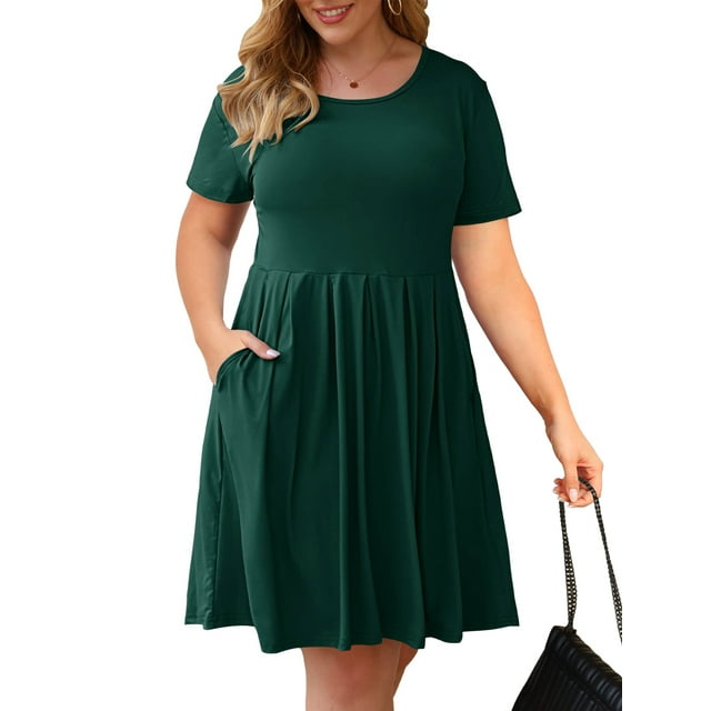 Poseshe Womens Plus Size Summer Dress Short Sleeve Round Neck Short Party Dress With Pockets