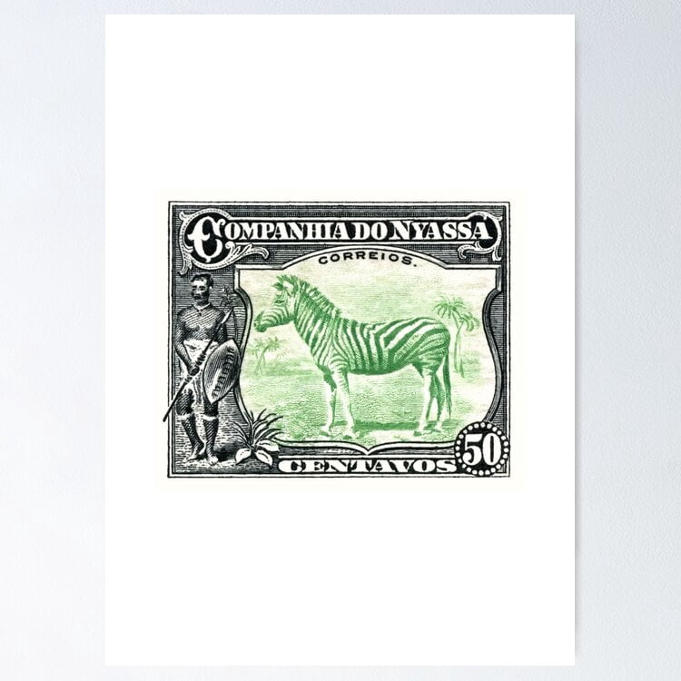 Poster 1921 Niassa Company Warrior and Zebra Postage Stamp - Unframed ...