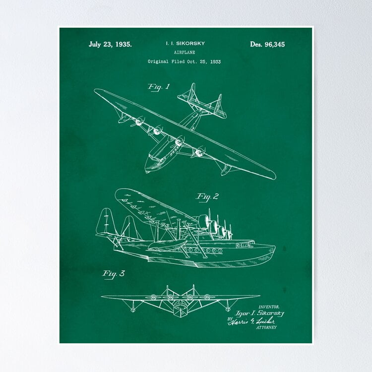 POSTER 1933 Airplane Patent Blueprint - Vintage Aviator Wall Art, Pilot ...