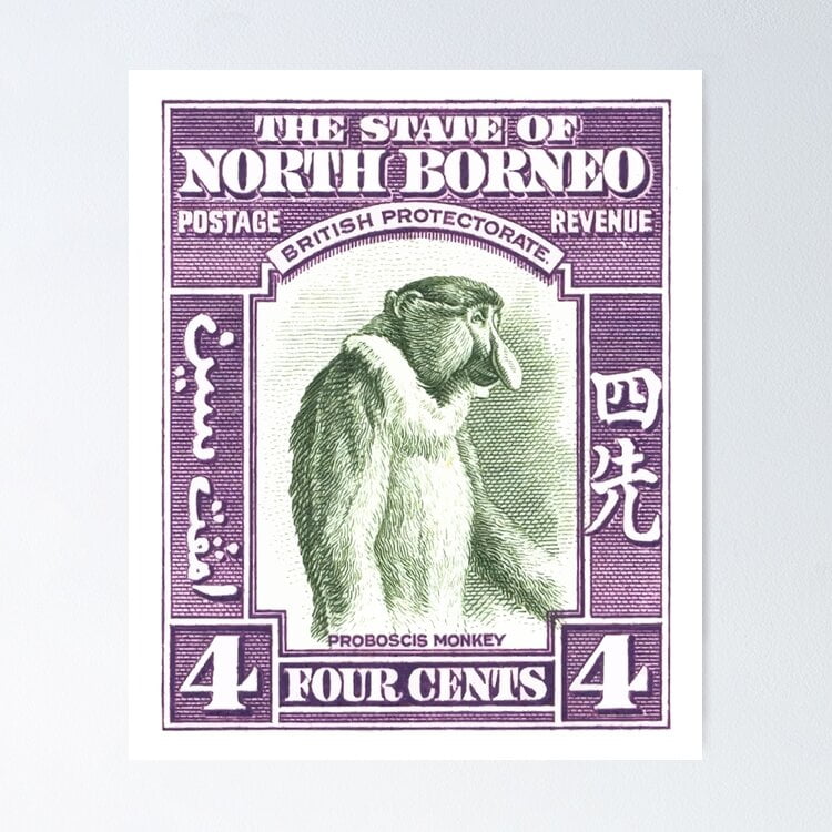 POSTER 1939 North Borneo Proboscis Monkey Stamp POSTER UNFRAMED, 8x12 - Walmart.com
