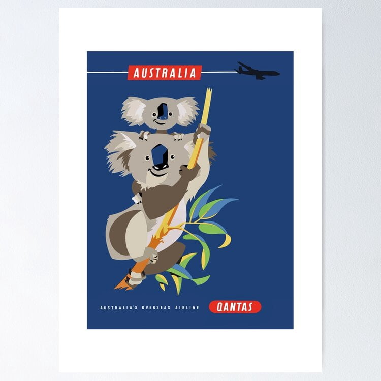 POSTER 1965 AUSTRALIA Qantas Koalas Airline Advertising POSTER UNFRAMED ...