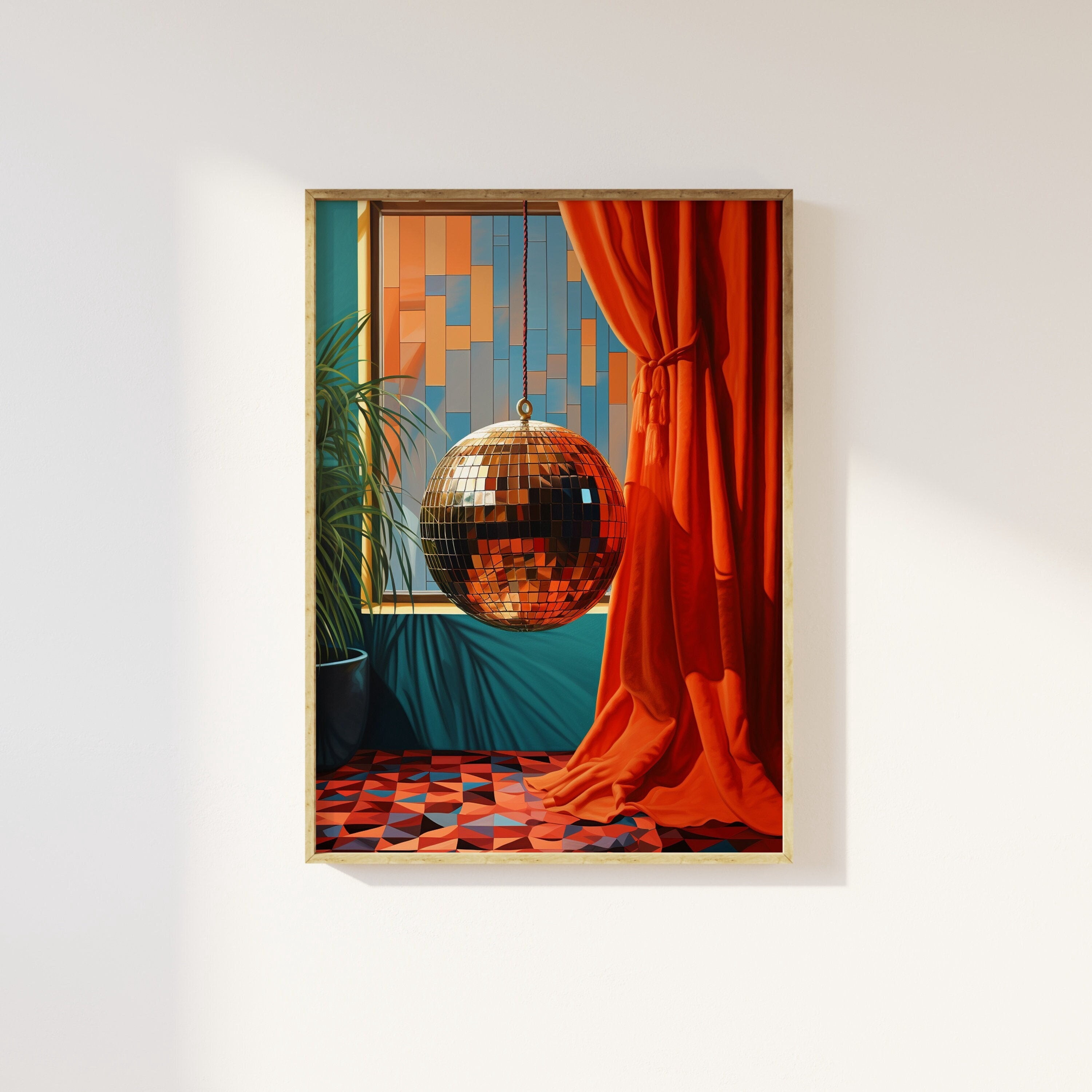 POSTER 1970s style interior disco ball and plant art print | Disco ball ...