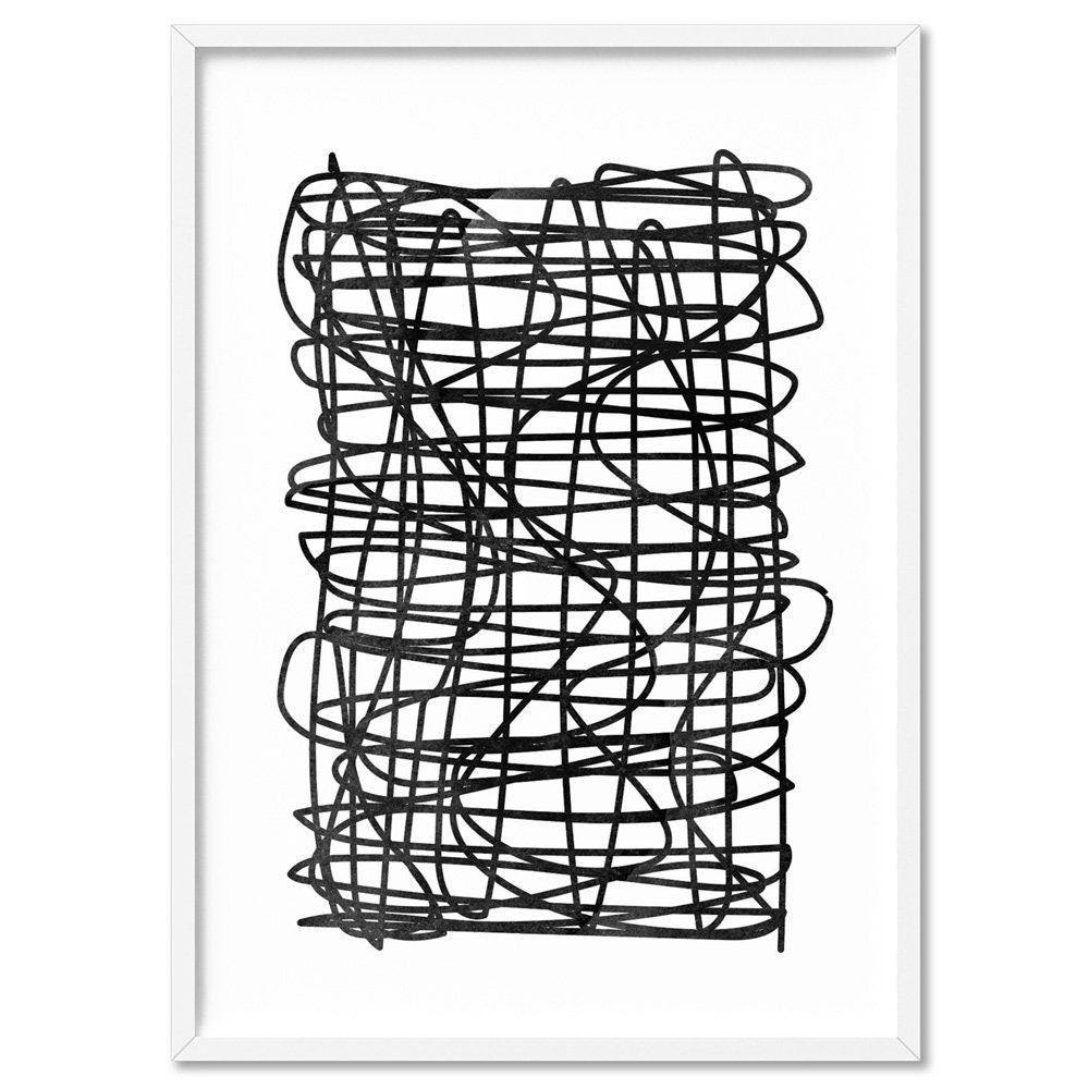 POSTER Abstract Monochrome Scribbles Print. Black & White Watercolour Lines Art. Continuous Line ...