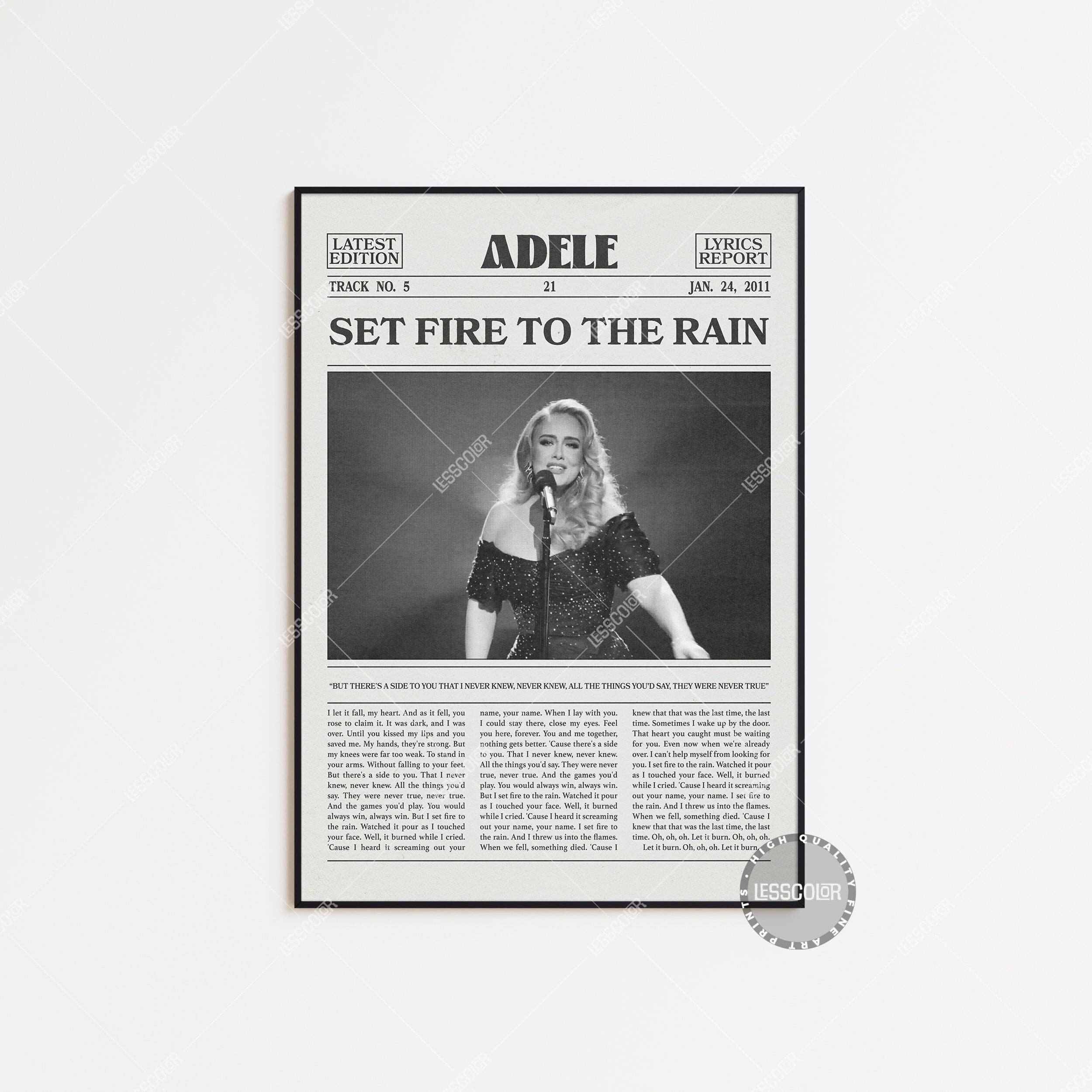 POSTER Adele Retro Newspaper Print, Set Fire to the Rain Poster, Set ...