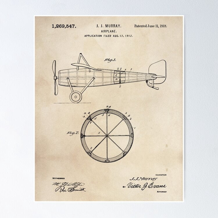 Poster Airplane 1918 patent blueprint - Vintage Paper - Unframed Poster ...